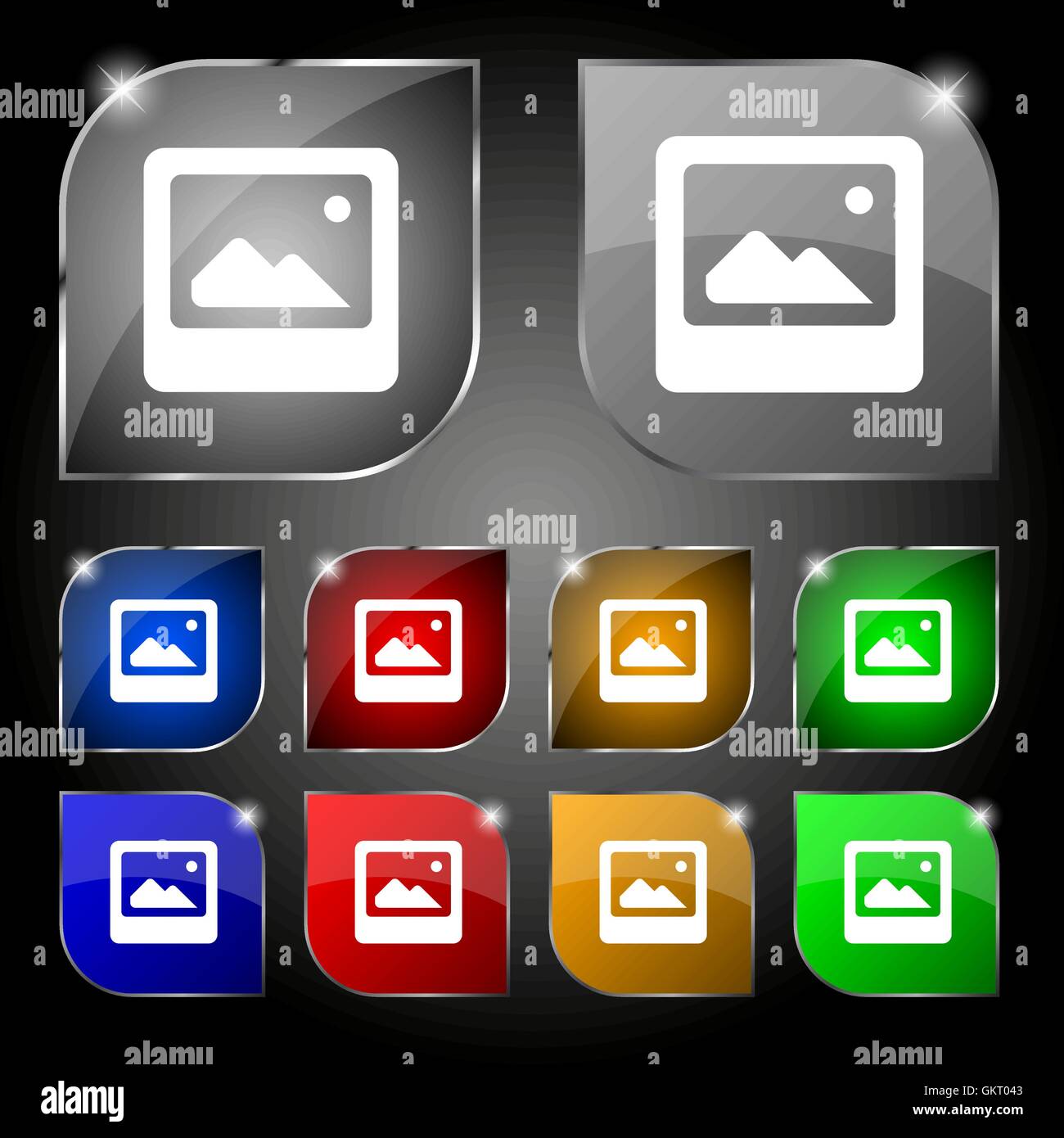 Photo frame template icon sign. Set of ten colorful buttons with glare ...