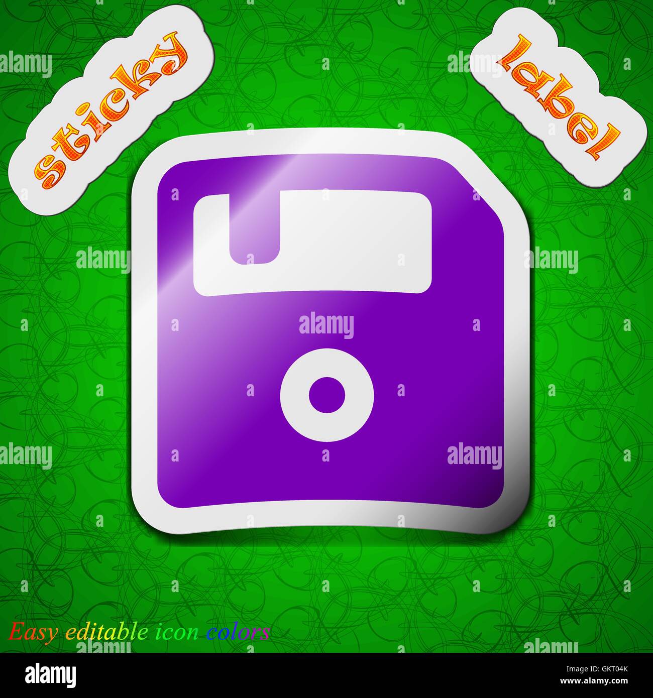 floppy icon sign. Symbol chic colored sticky label on green background ...