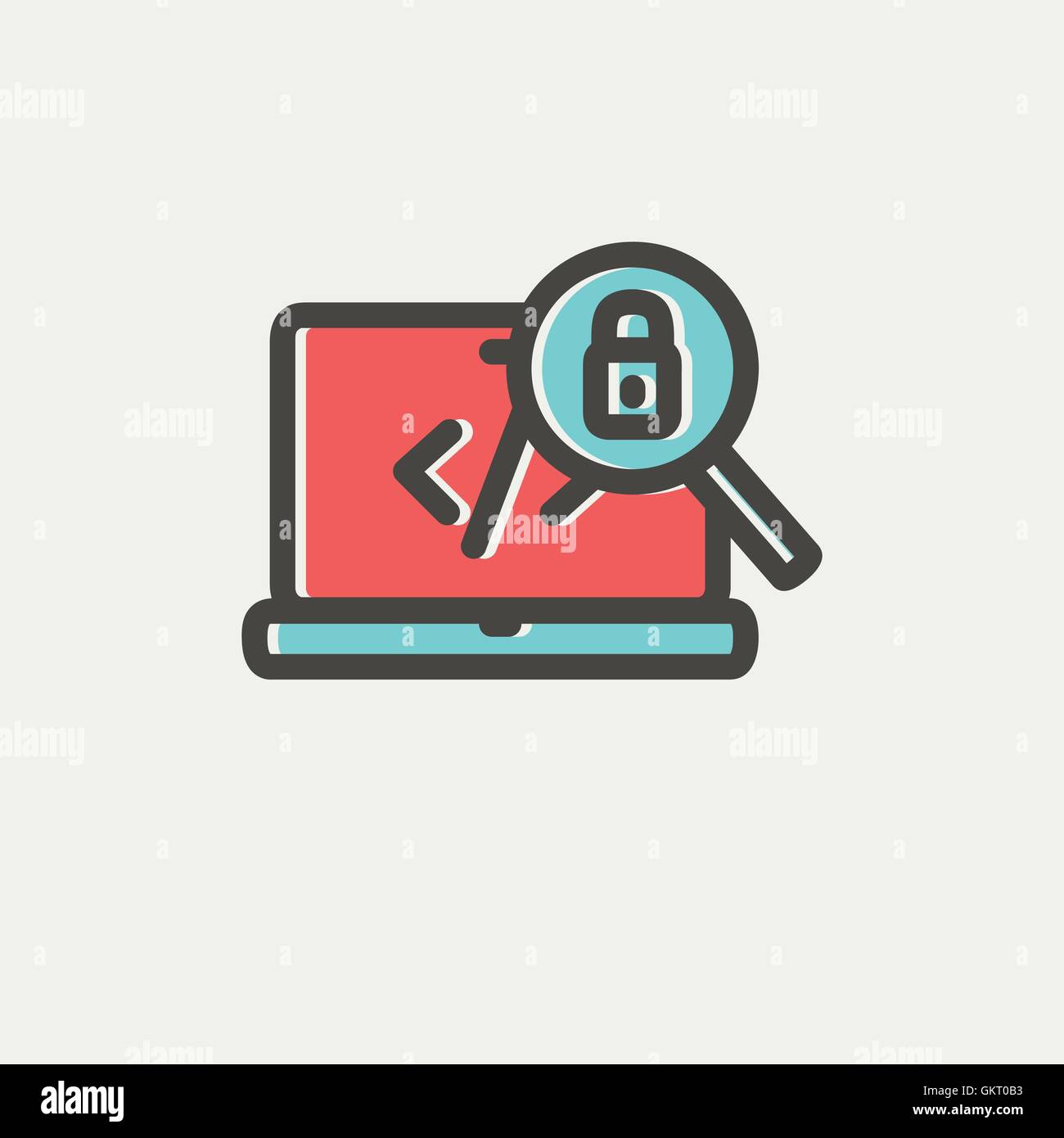 Laptop and magnifying glass looking for security lock thin line icon ...
