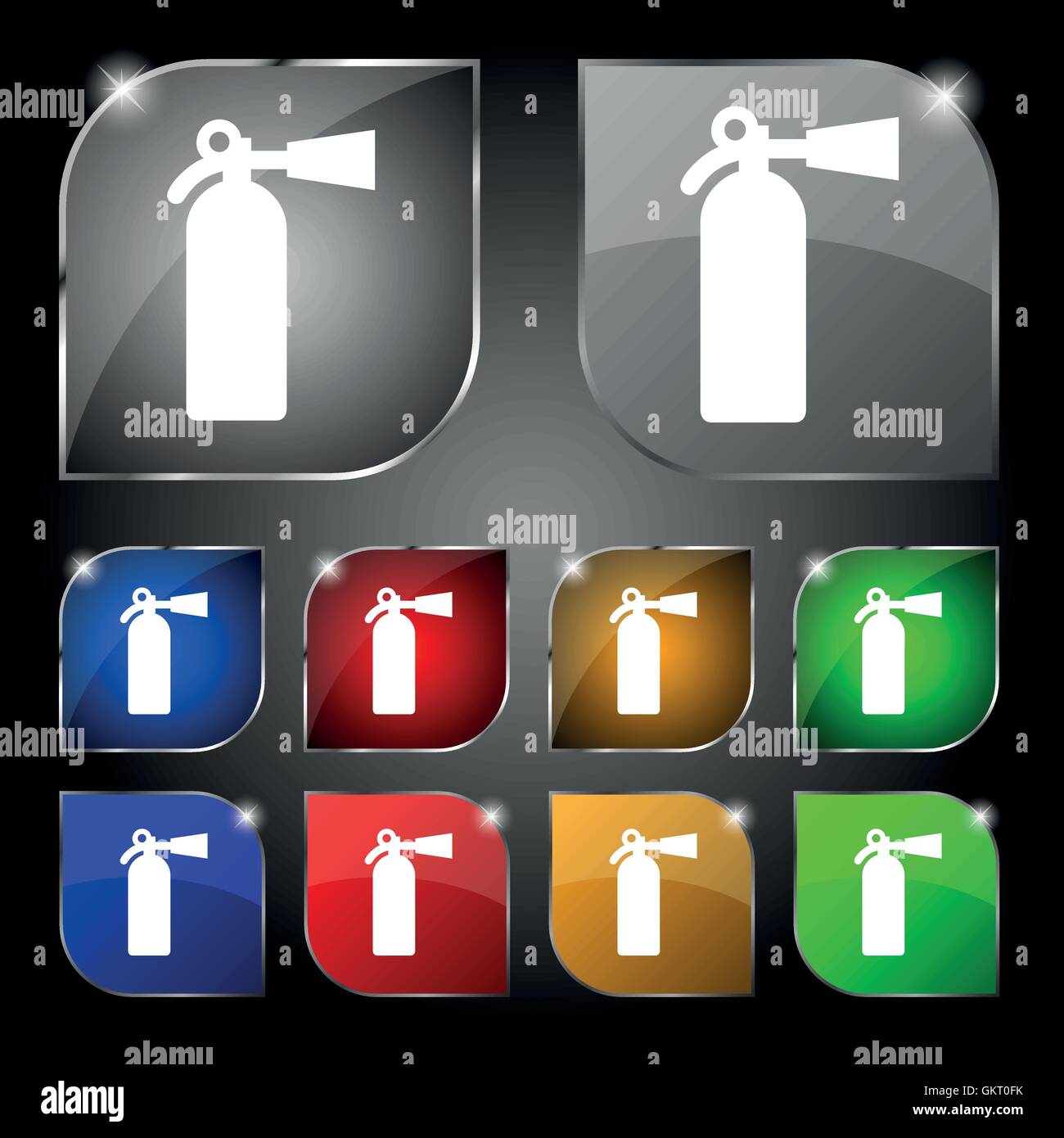 fire extinguisher icon sign. Set of ten colorful buttons with glare ...