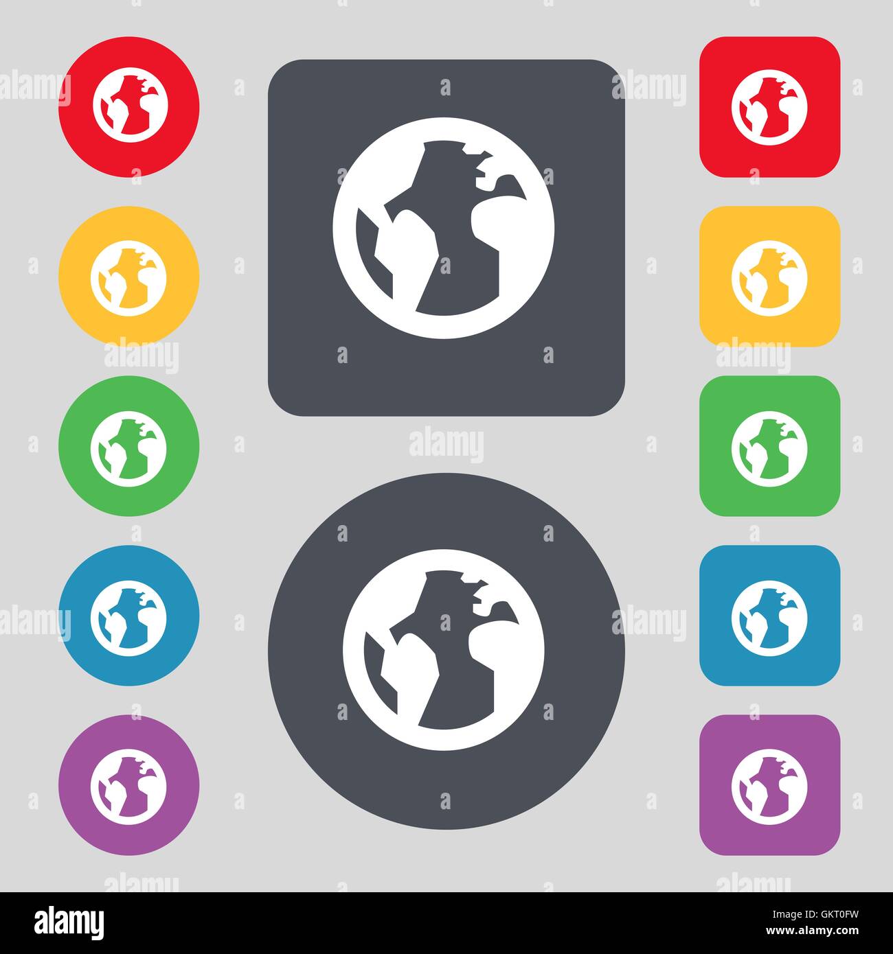 Globe, World map geography icon sign. A set of 12 colored buttons. Flat ...