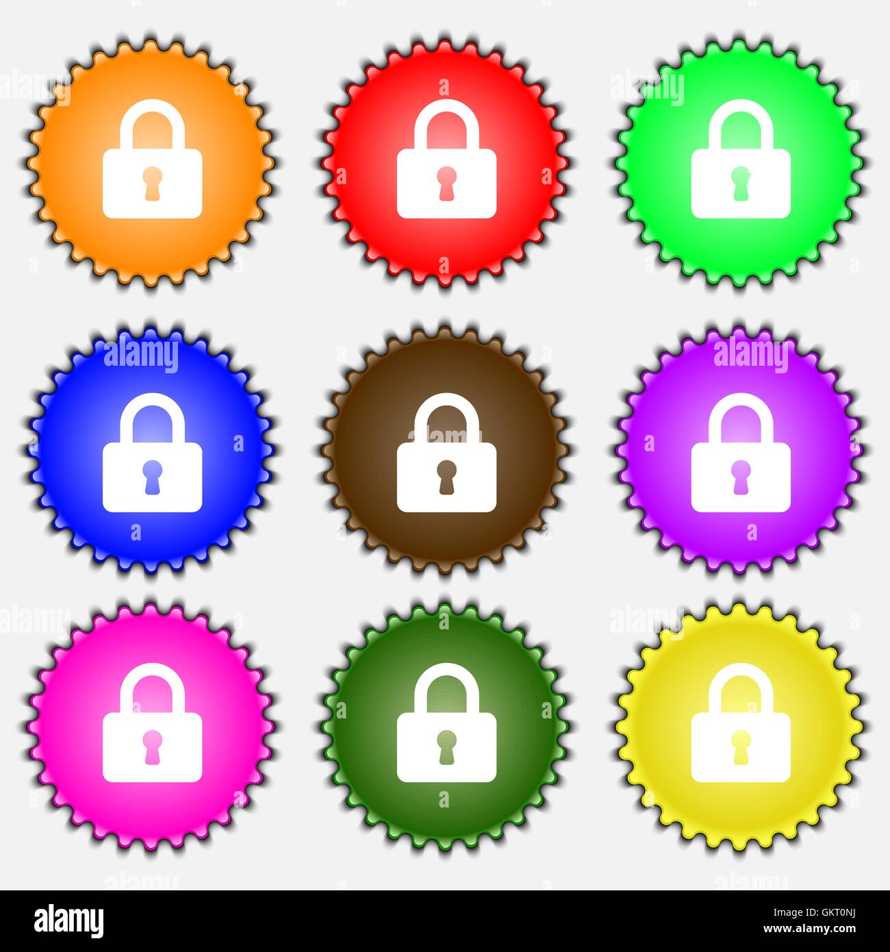 Pad Lock icon sign. A set of nine different colored labels. Vector ...