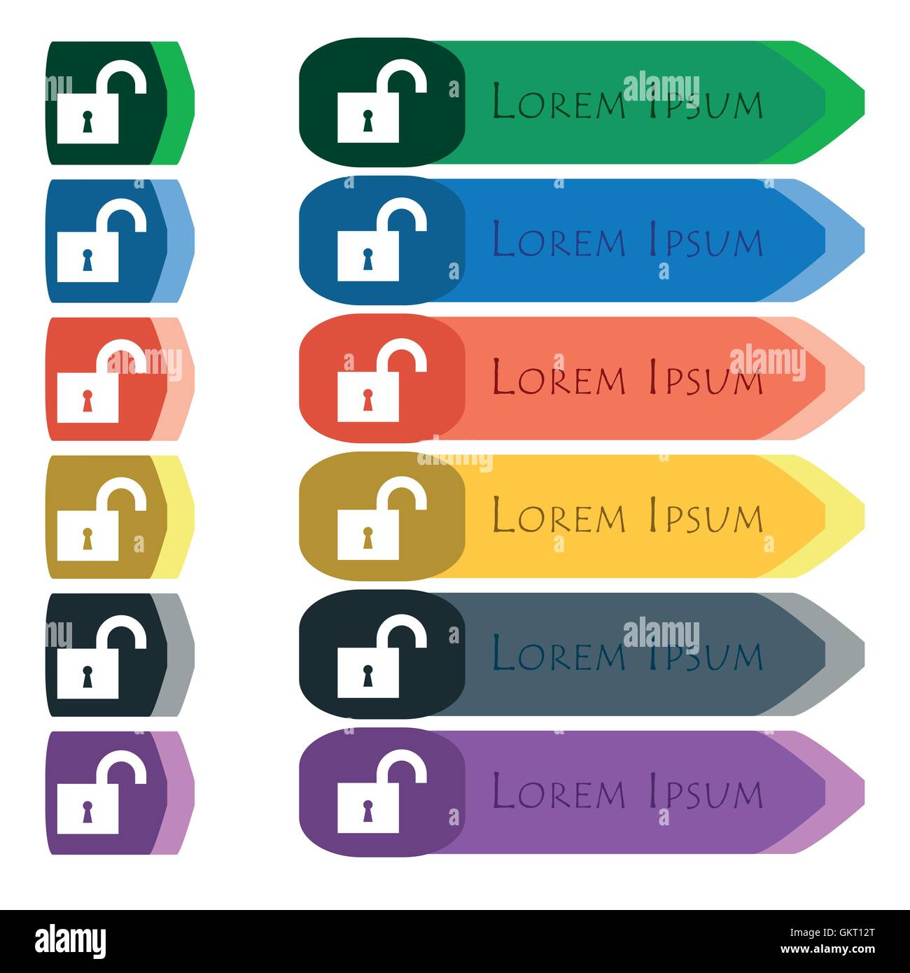 open lock icon sign. Set of colorful, bright long buttons with ...