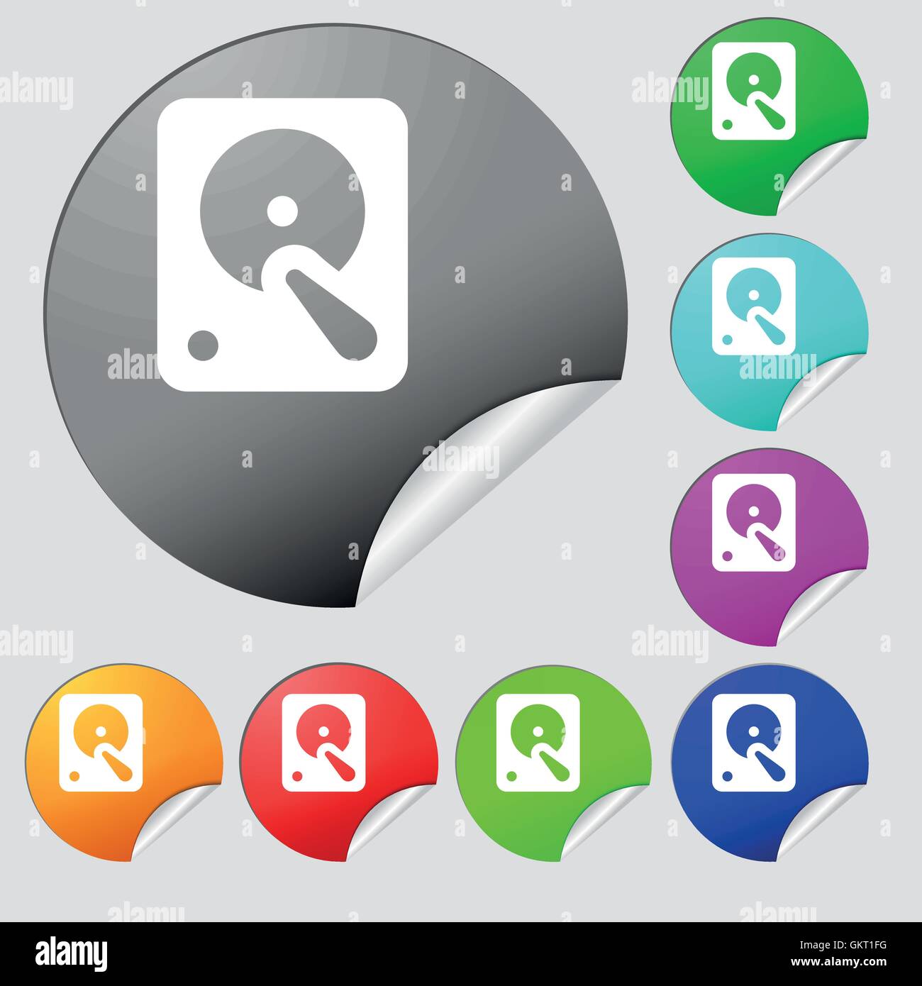 hard disk icon sign. Set of eight multi colored round buttons, stickers ...