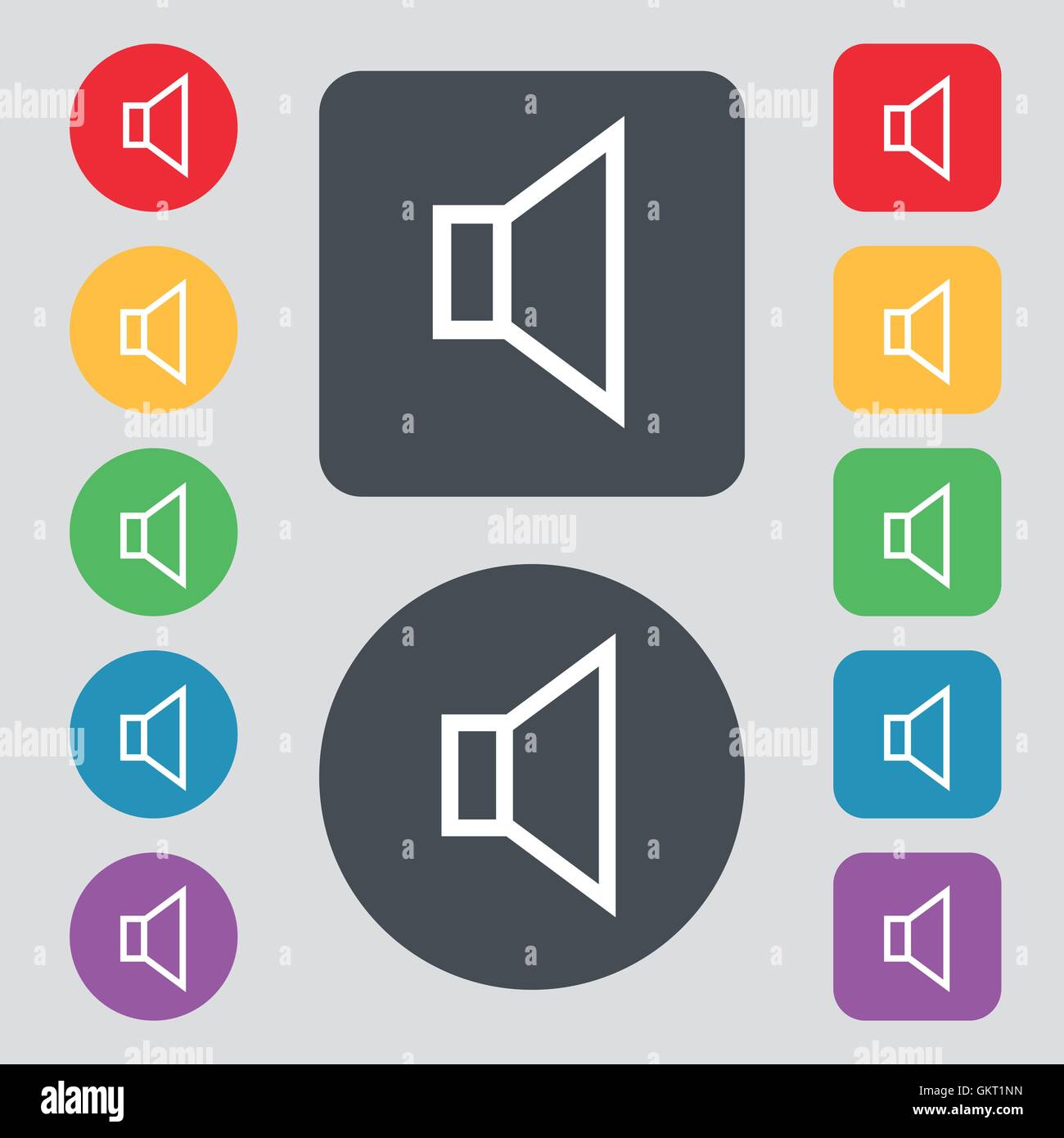 volume, sound icon sign. A set of 12 colored buttons. Flat design ...