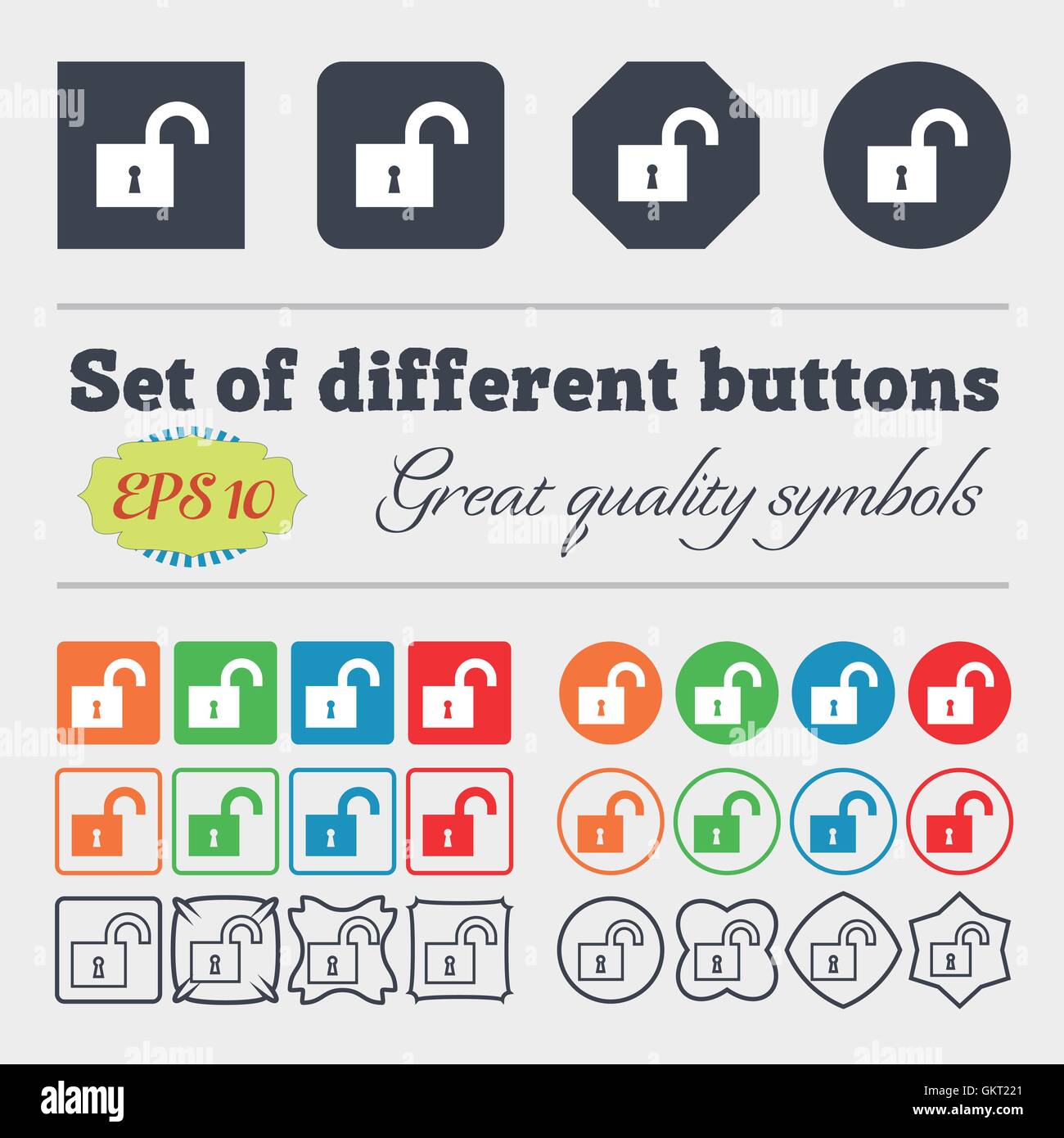 open lock icon sign. Big set of colorful, diverse, high-quality buttons ...