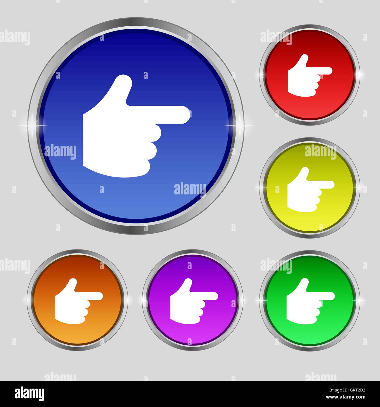 pointing hand icon sign. Round symbol on bright colourful buttons ...