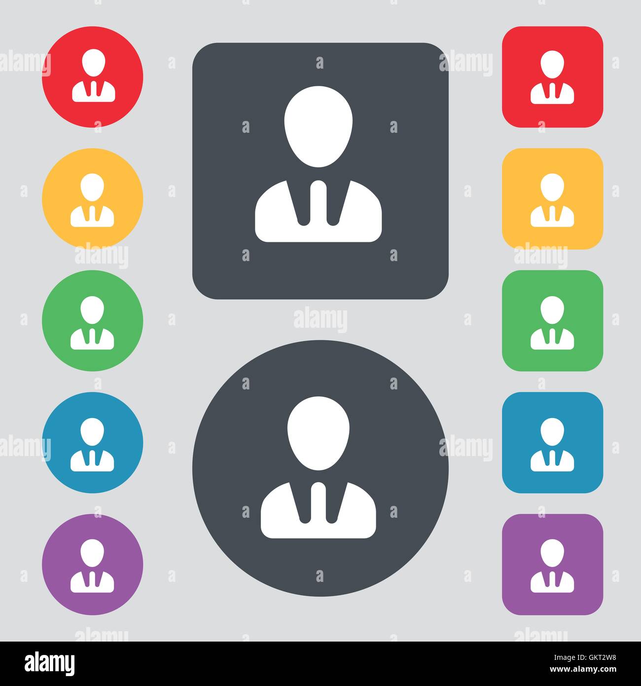 male silhouette icon sign. A set of 12 colored buttons. Flat design ...