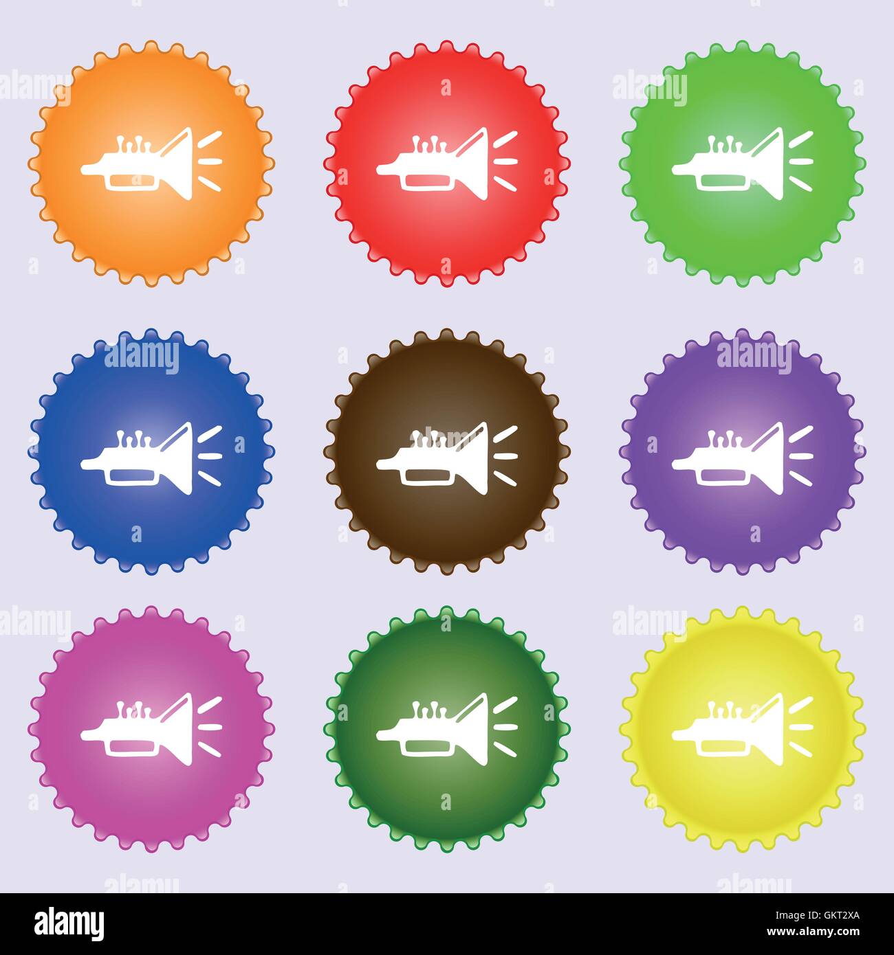 trumpet, brass instrument icon sign. A set of nine different colored ...