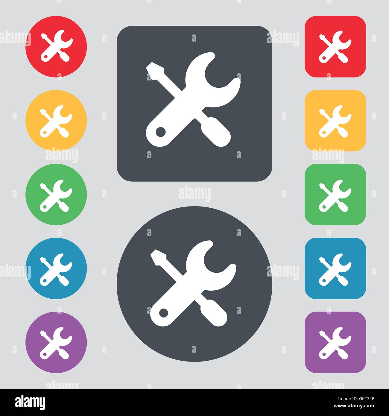 screwdriver, key, settings icon sign. A set of 12 colored buttons. Flat ...