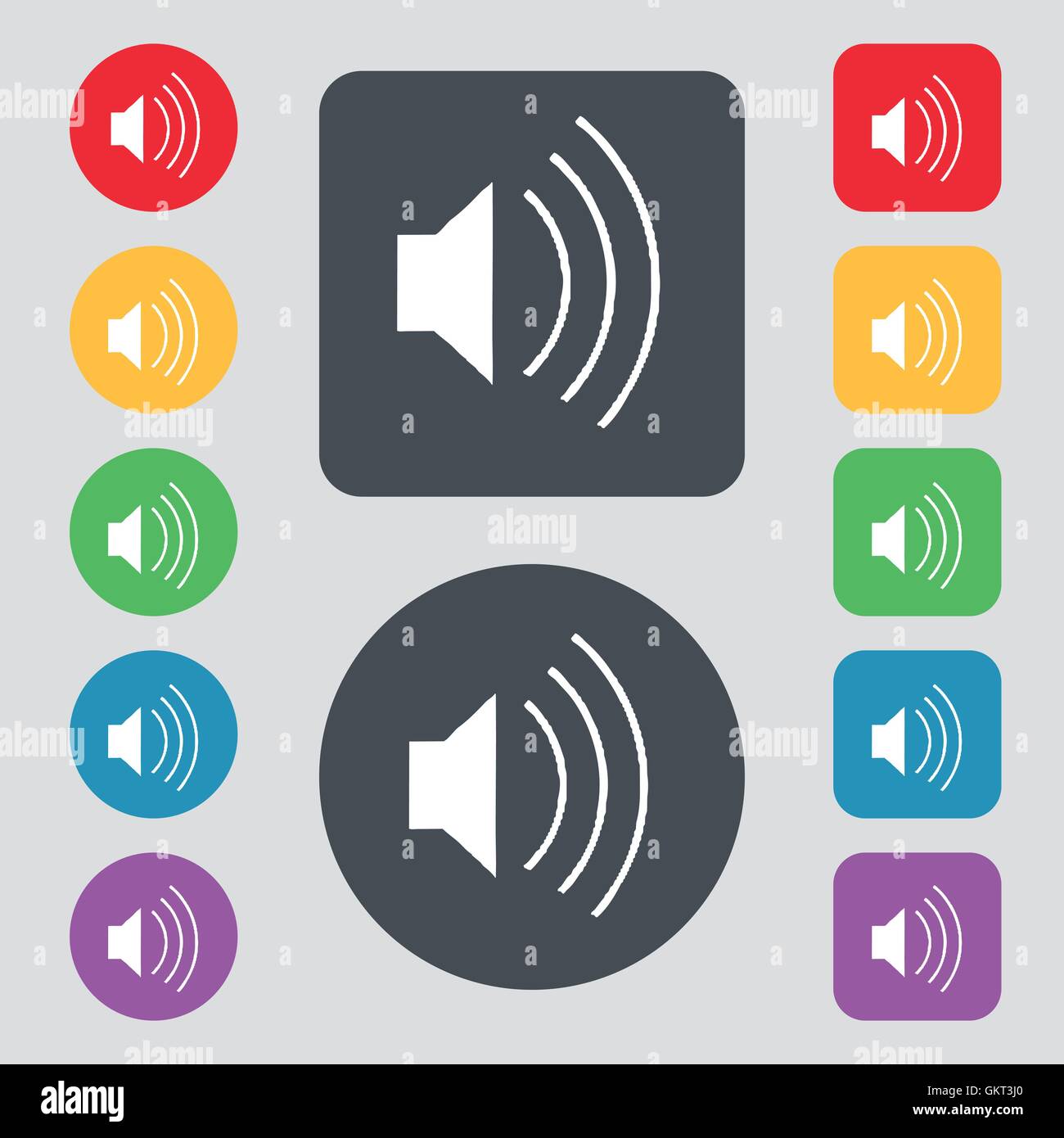 volume, sound icon sign. A set of 12 colored buttons. Flat design ...
