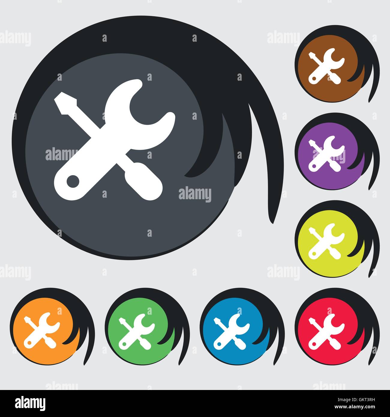 screwdriver, key, settings icon sign. Symbol on eight colored buttons ...
