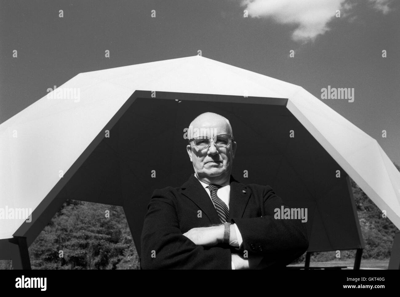 Buckminster Fuller, architect and inventor, at a partial dome near ...