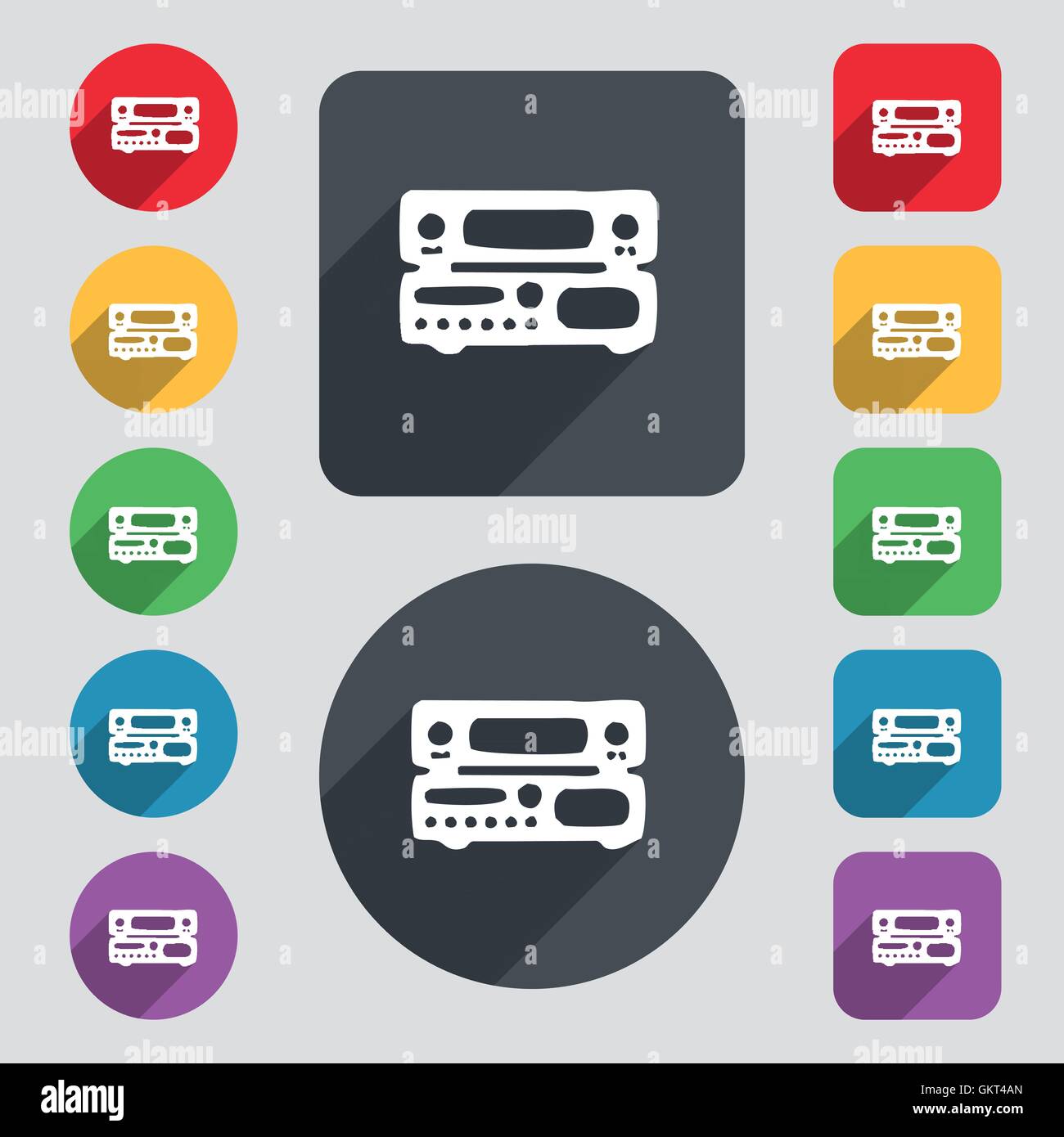 radio, receiver, amplifier icon sign. A set of 12 colored buttons and a ...