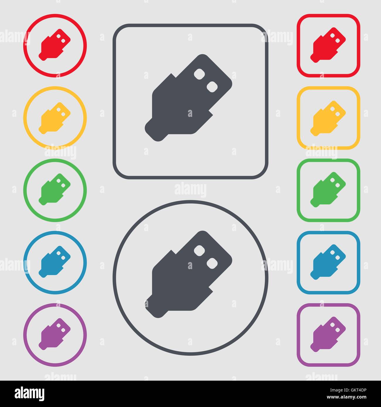 USB icon sign. symbol on the Round and square buttons with frame ...