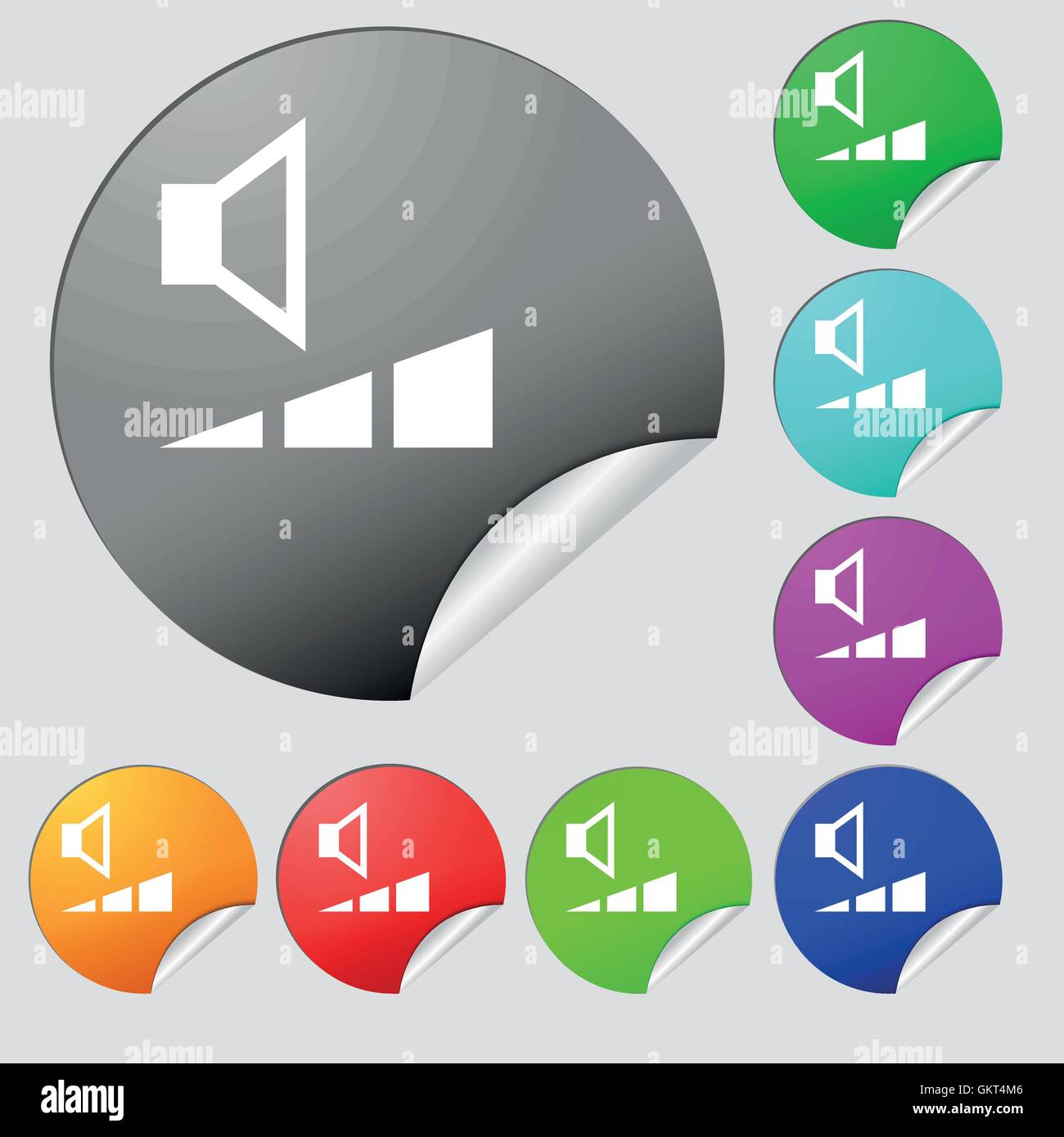 volume, sound icon sign. Set of eight multi colored round buttons ...