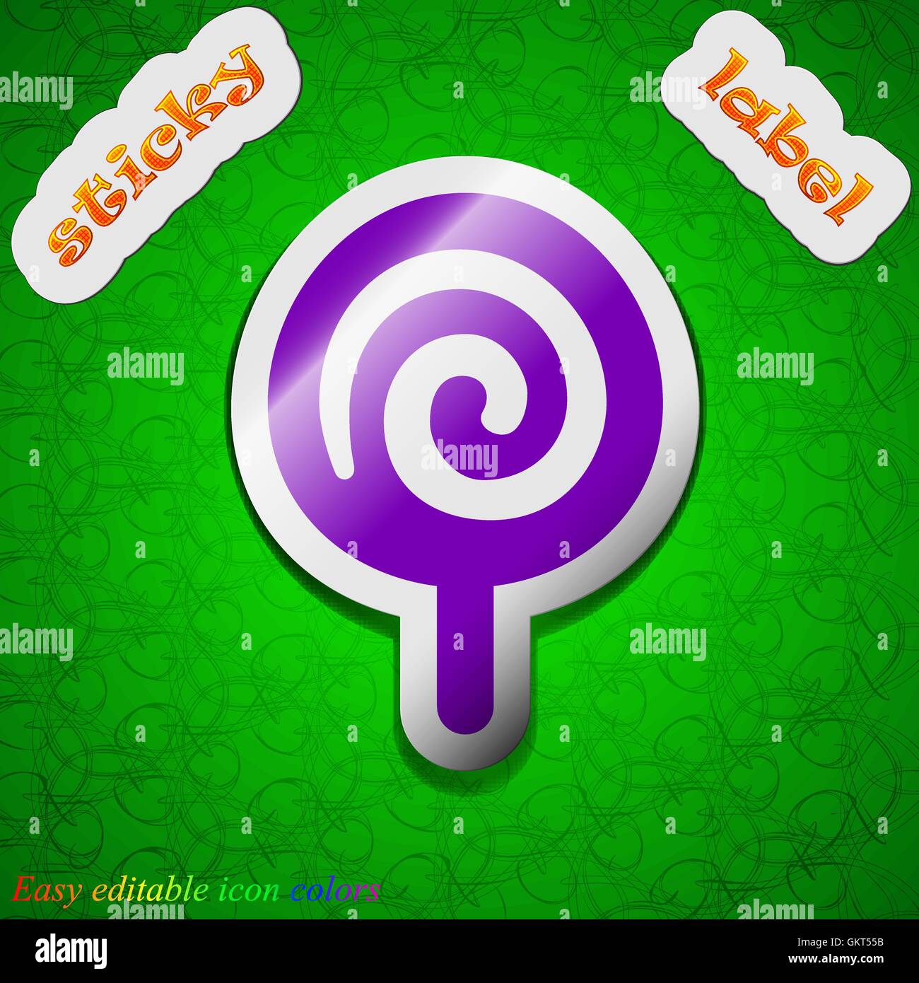 candy icon sign. Symbol chic colored sticky label on green background ...