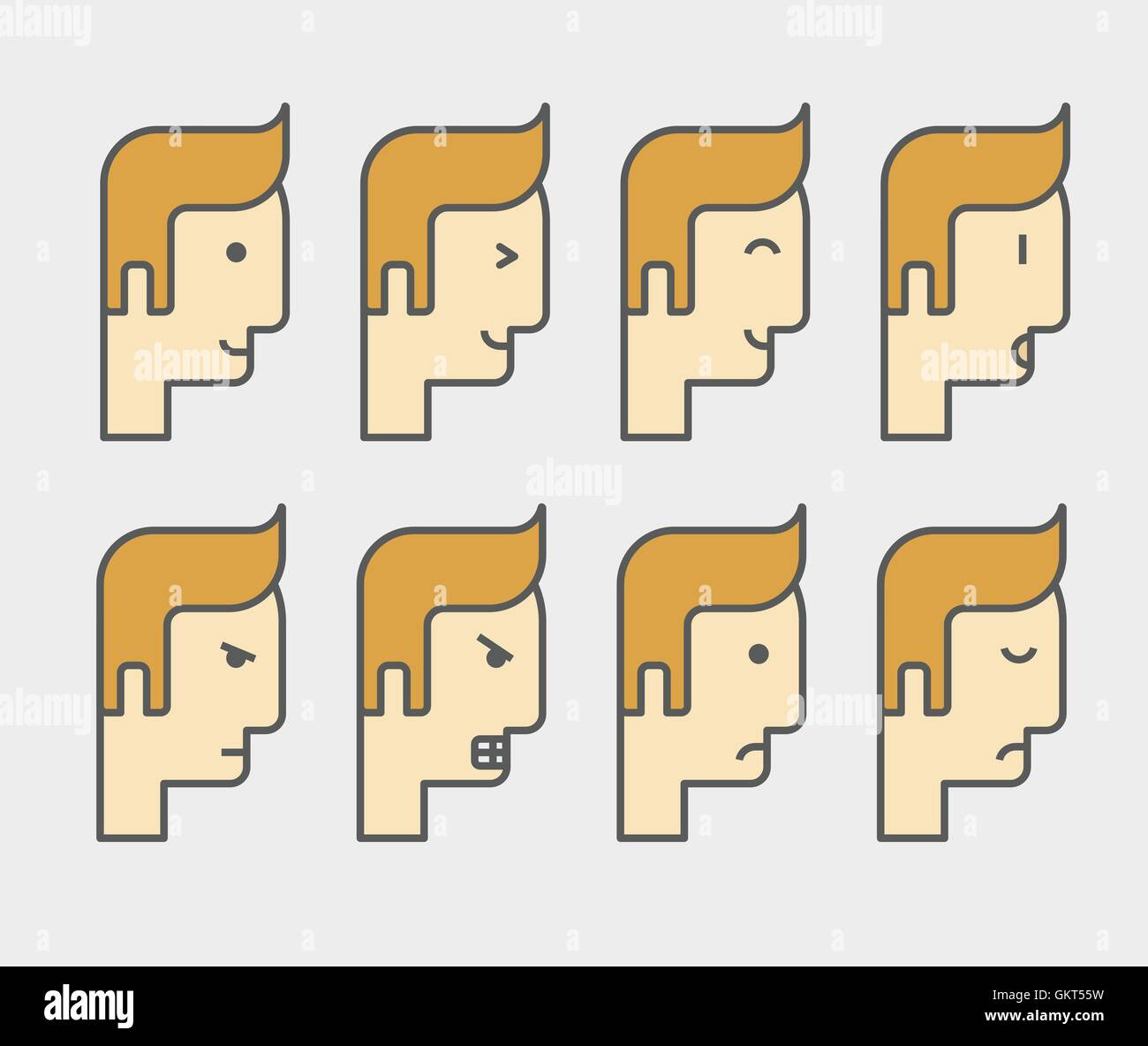 Men face with different expression and colored hair in front view Stock ...