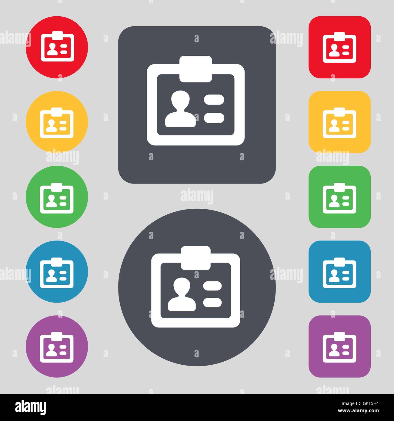 ID, Identity card icon sign. A set of 12 colored buttons. Flat design ...