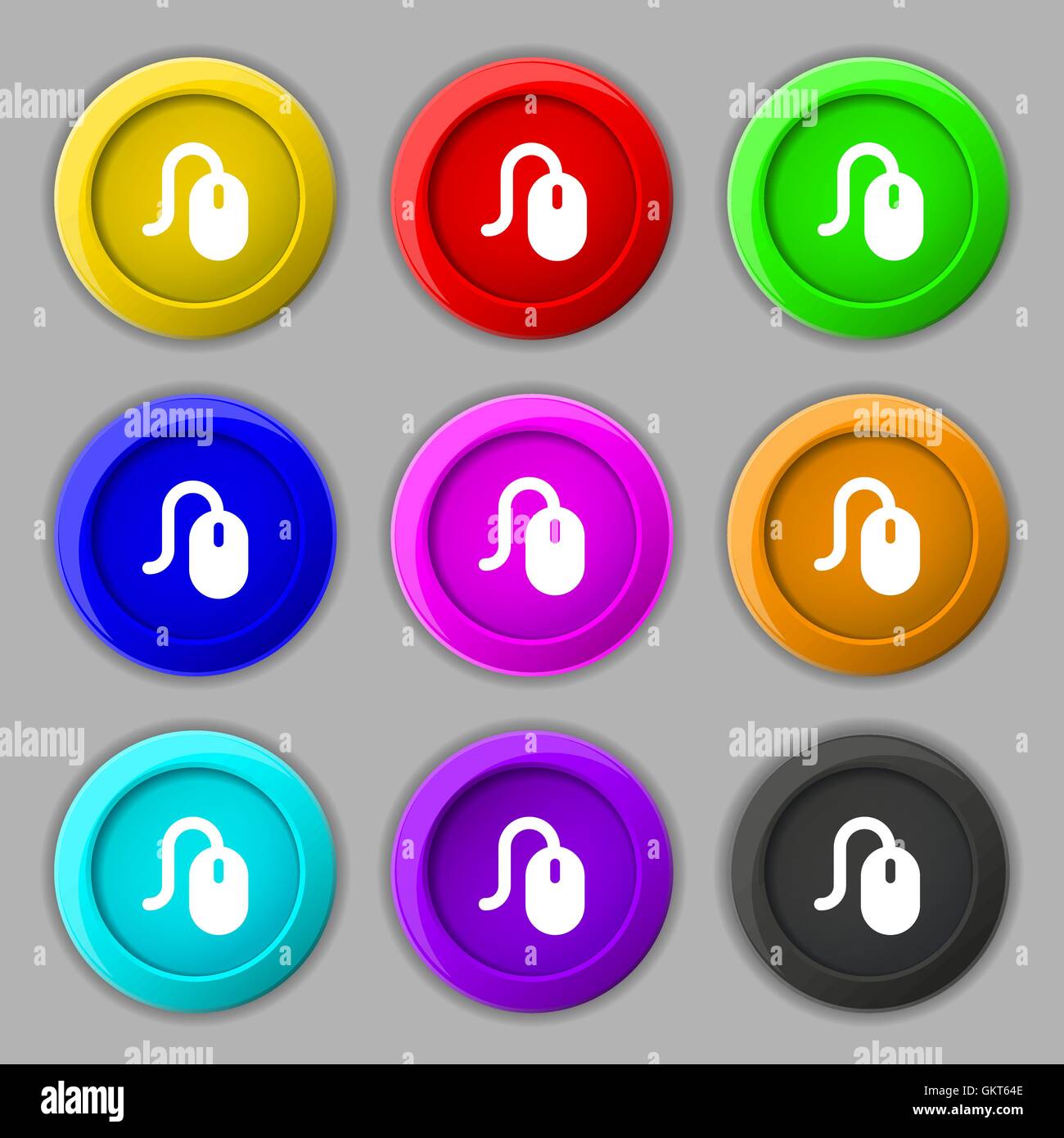 Computer mouse icon sign. symbol on nine round colourful buttons ...