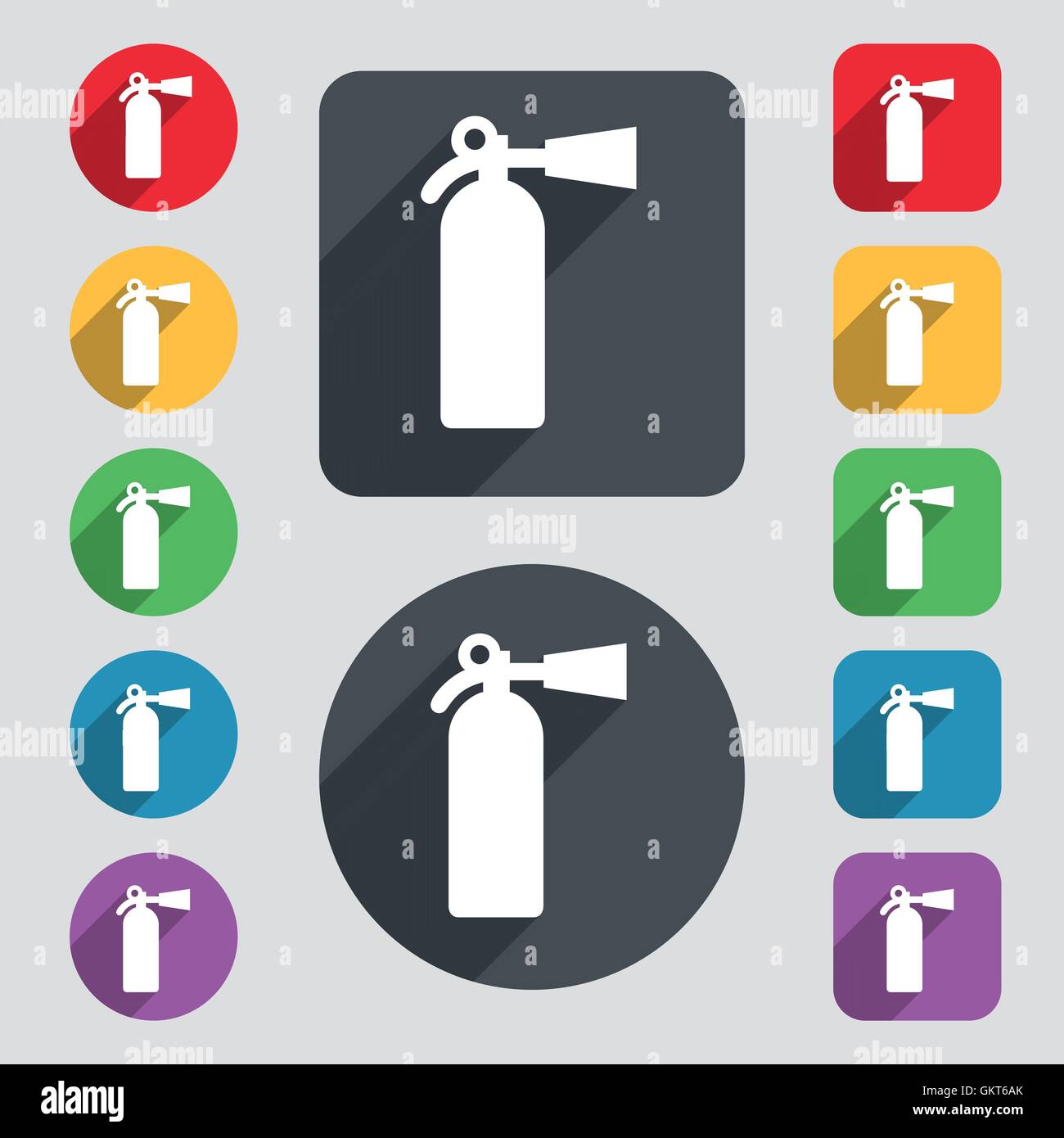 fire extinguisher icon sign. A set of 12 colored buttons and a long ...