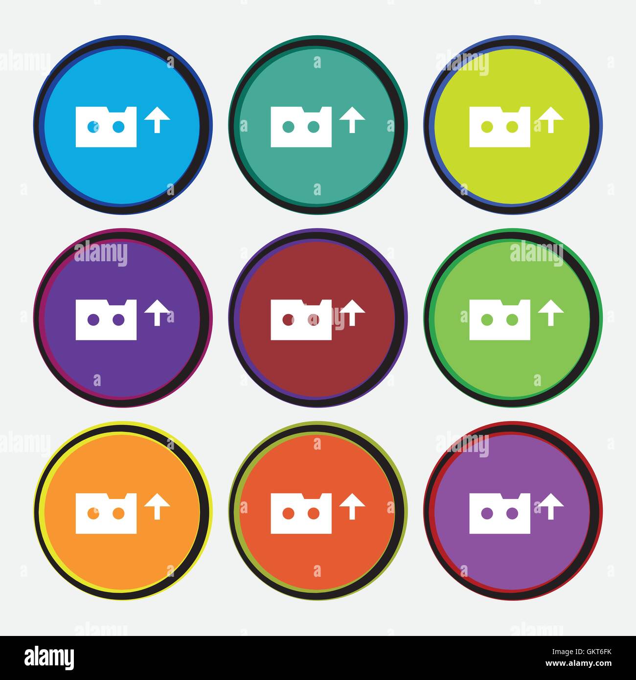 audio cassette icon sign. Nine multi colored round buttons. Vector ...