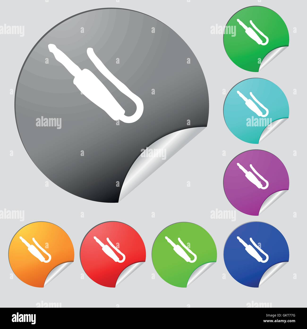plug, mini jack icon sign. Set of eight multi colored round buttons ...