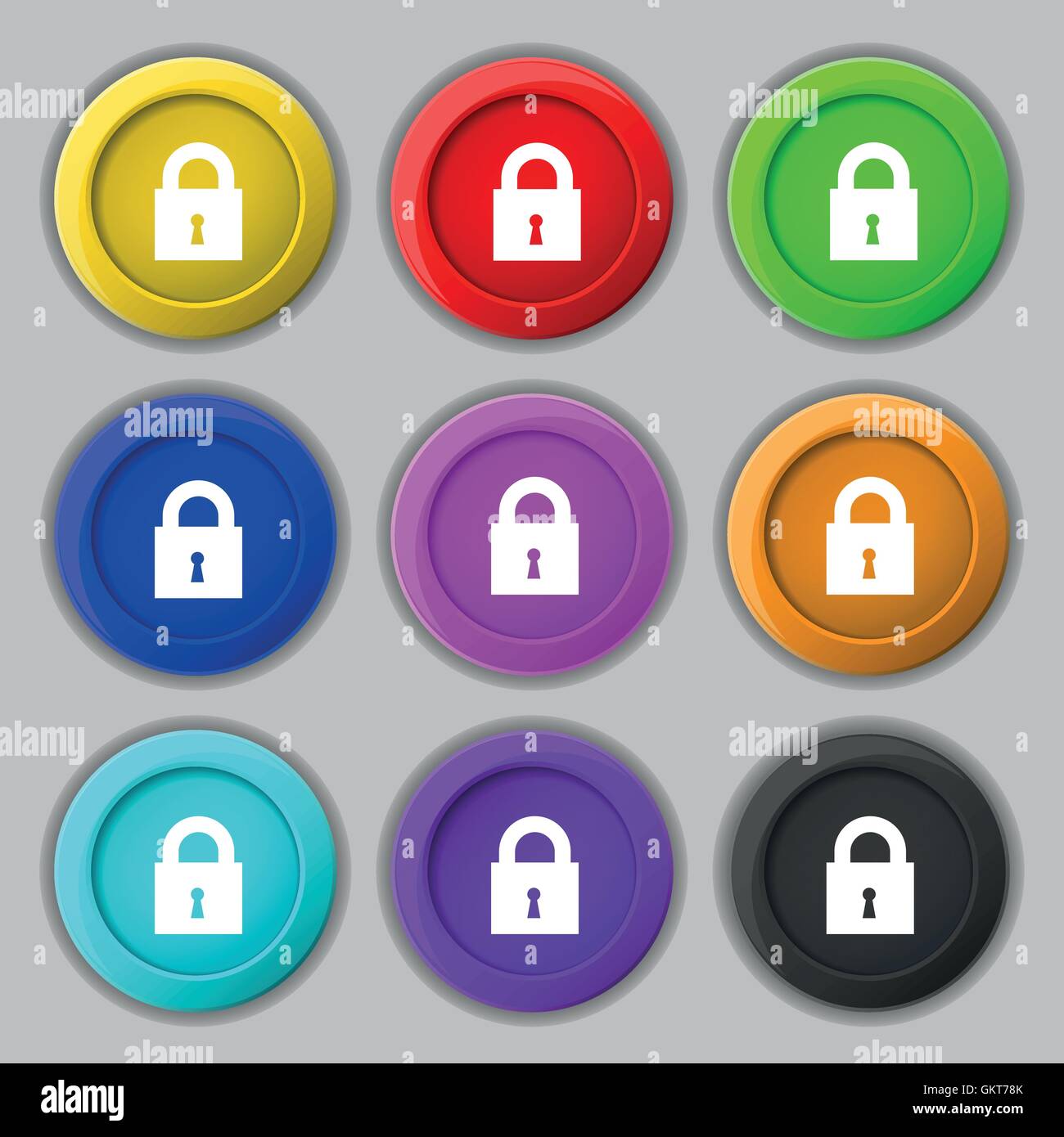 closed lock icon sign. symbol on nine round colourful buttons. Vector ...