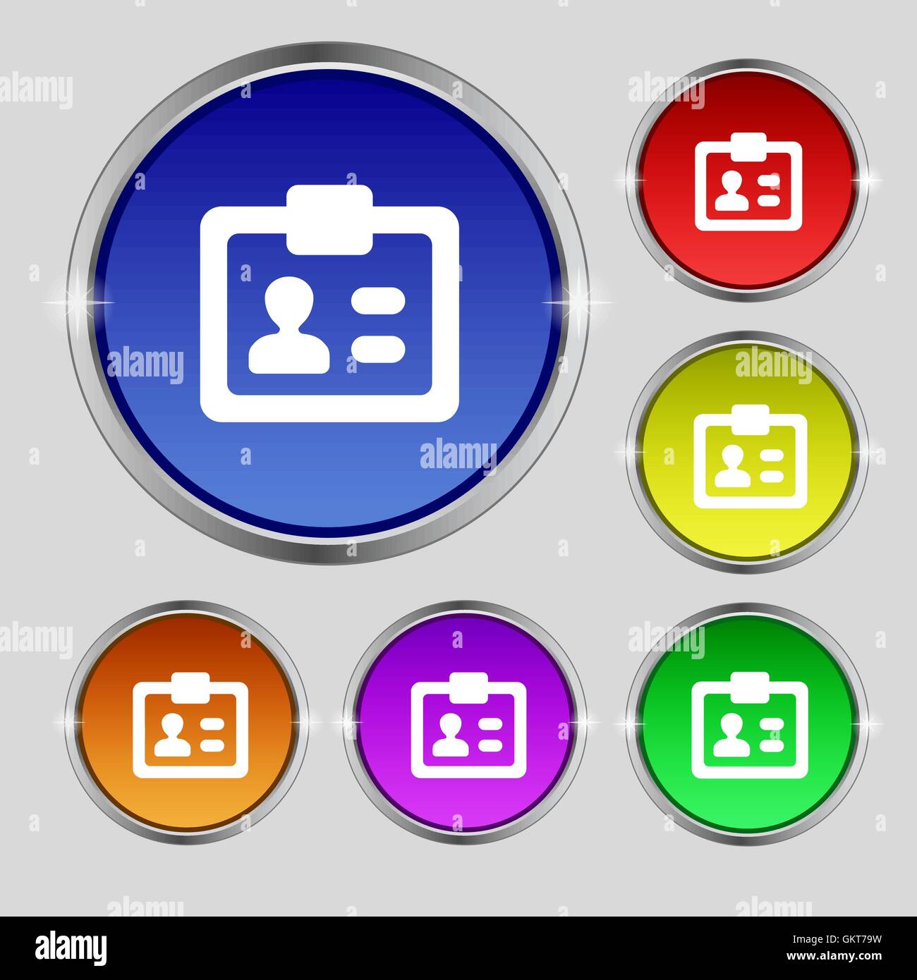 ID, Identity card icon sign. Round symbol on bright colourful buttons ...