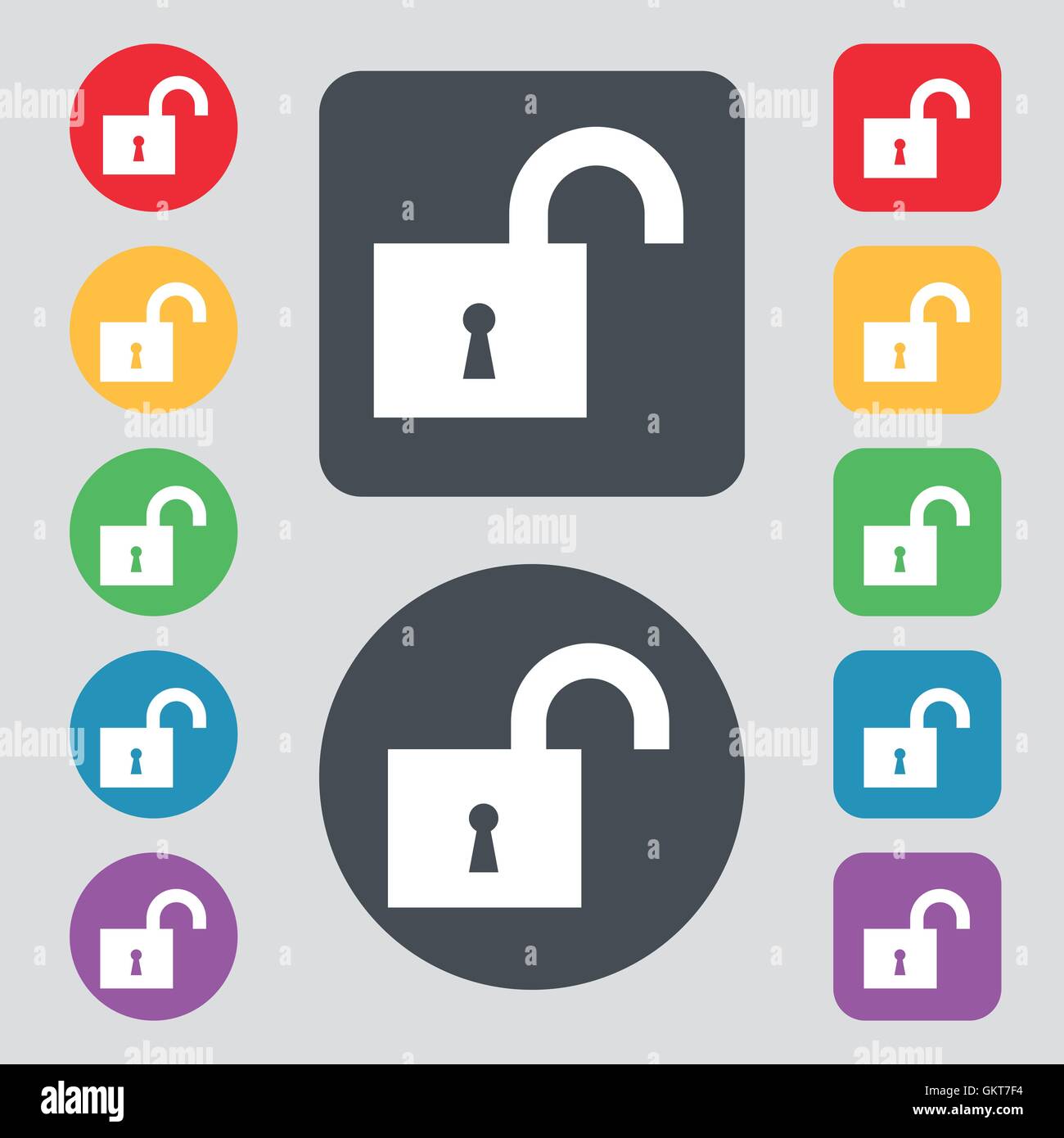 open lock icon sign. A set of 12 colored buttons. Flat design. Vector ...