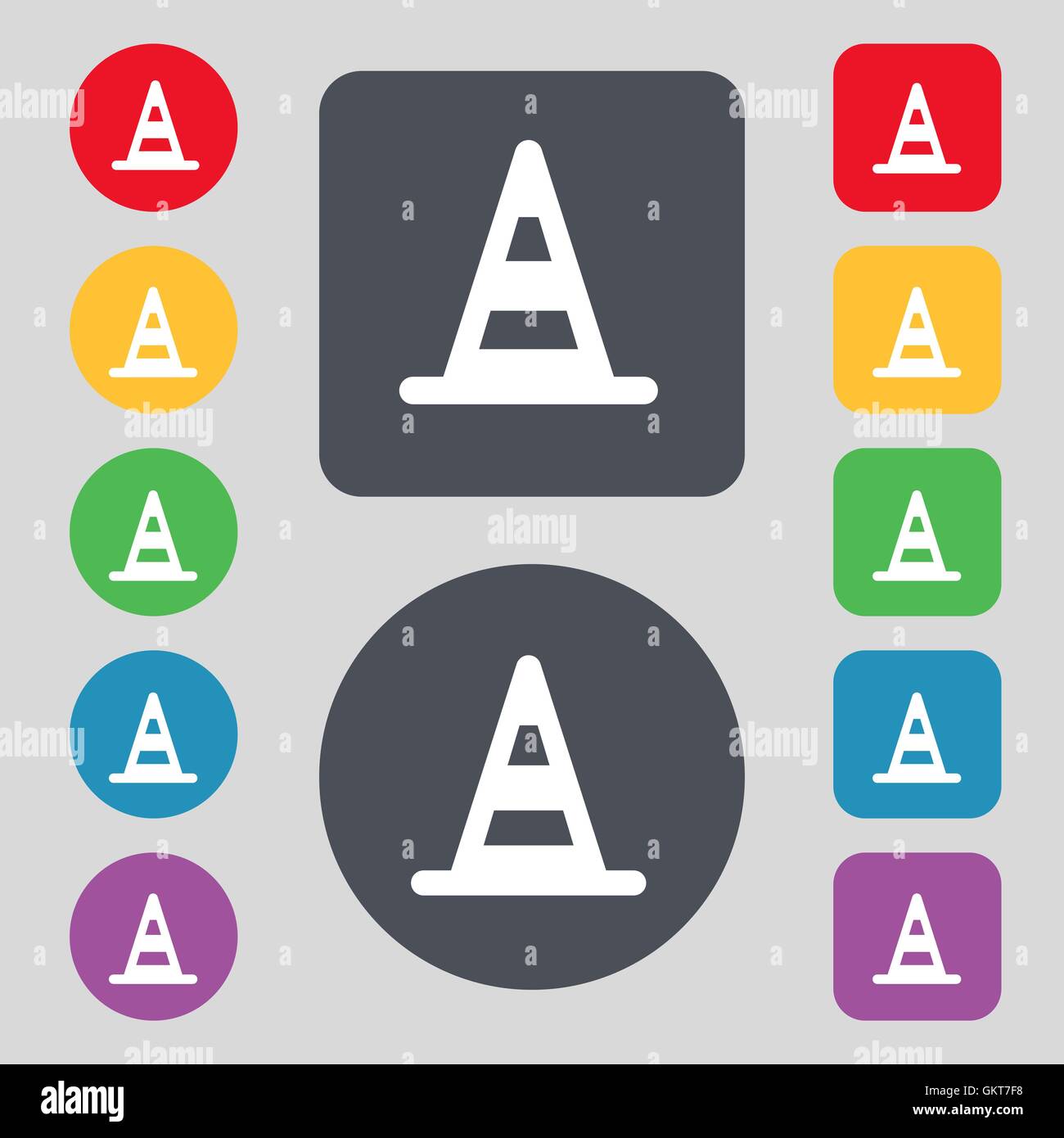 road cone icon sign. A set of 12 colored buttons. Flat design. Vector ...