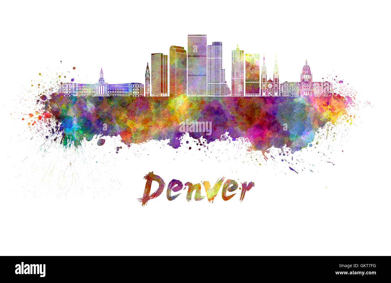 Denver skyline in watercolor splatters with clipping path Stock Photo ...