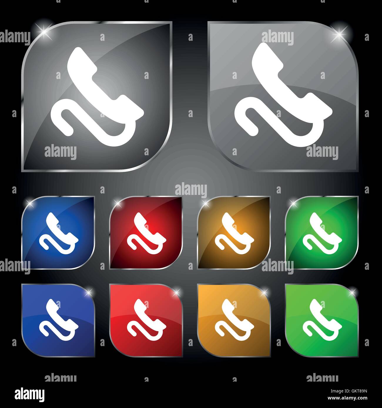 retro telephone handset icon sign. Set of ten colorful buttons with ...