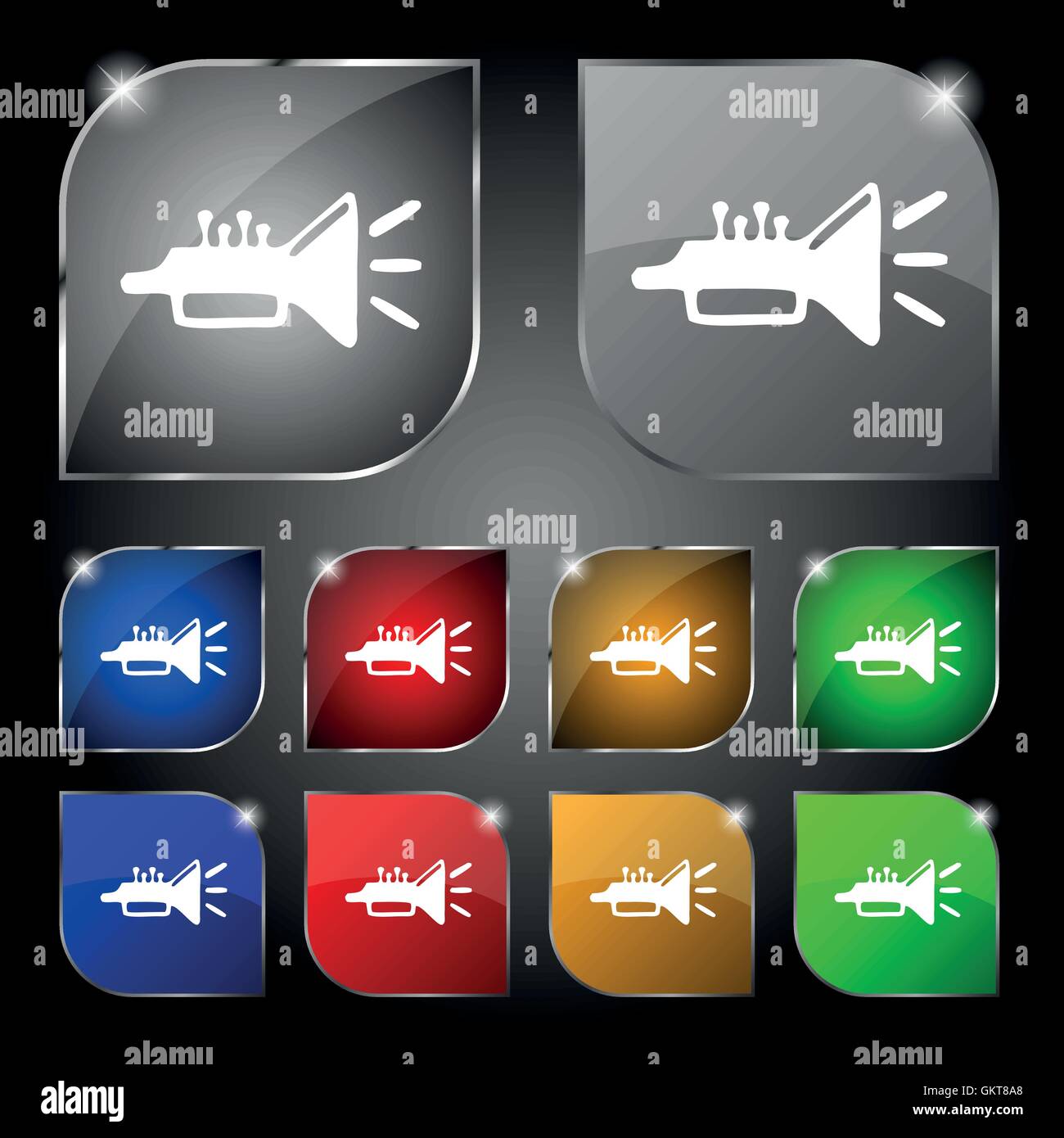 trumpet, brass instrument icon sign. Set of ten colorful buttons with ...
