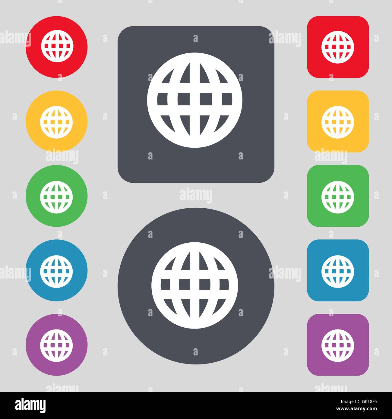 Globe, World map geography icon sign. A set of 12 colored buttons. Flat ...