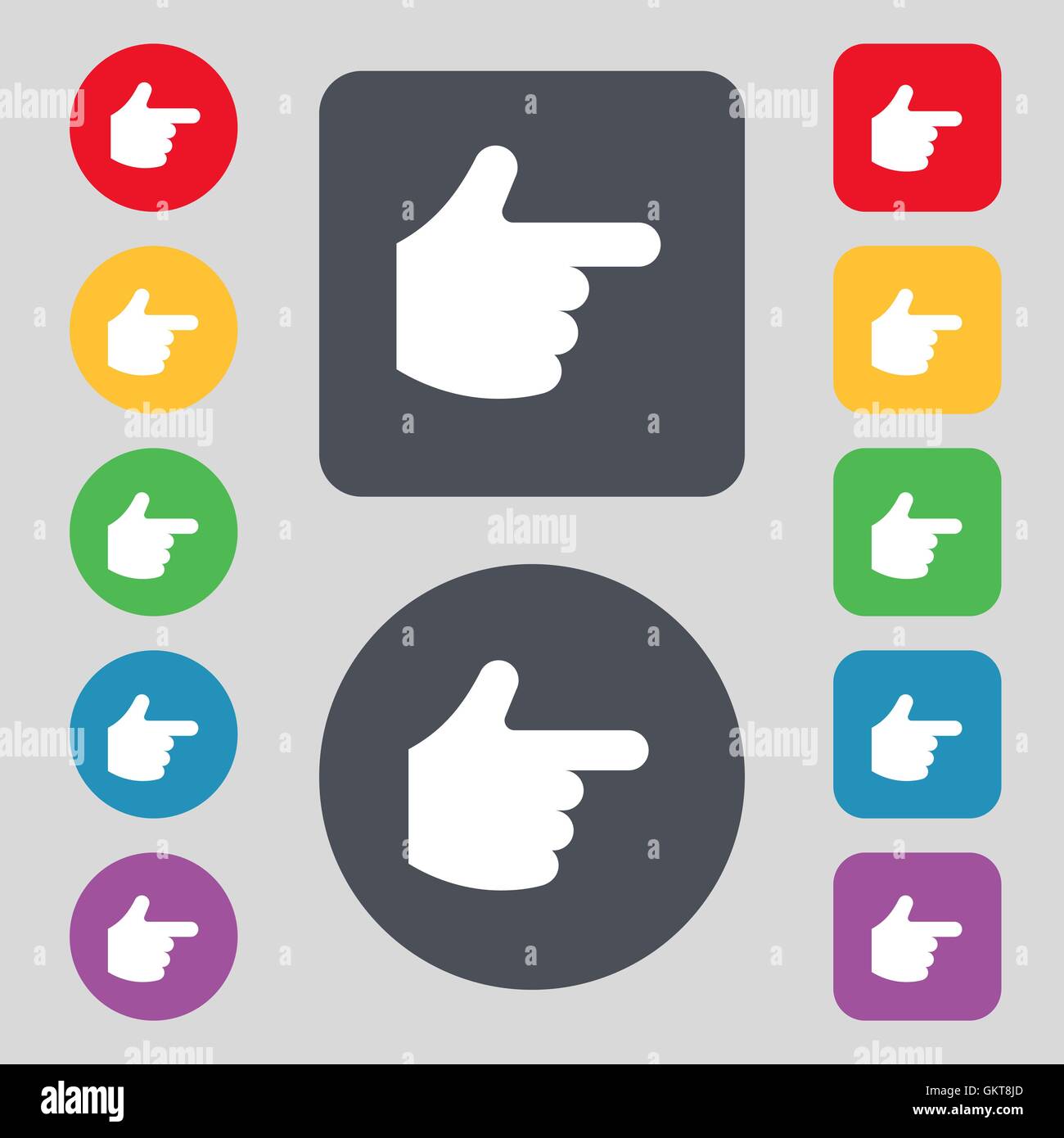 pointing hand icon sign. A set of 12 colored buttons. Flat design ...