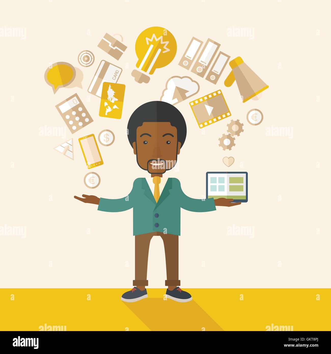 Happy Black man enjoying doing multitasking Stock Vector Image & Art ...