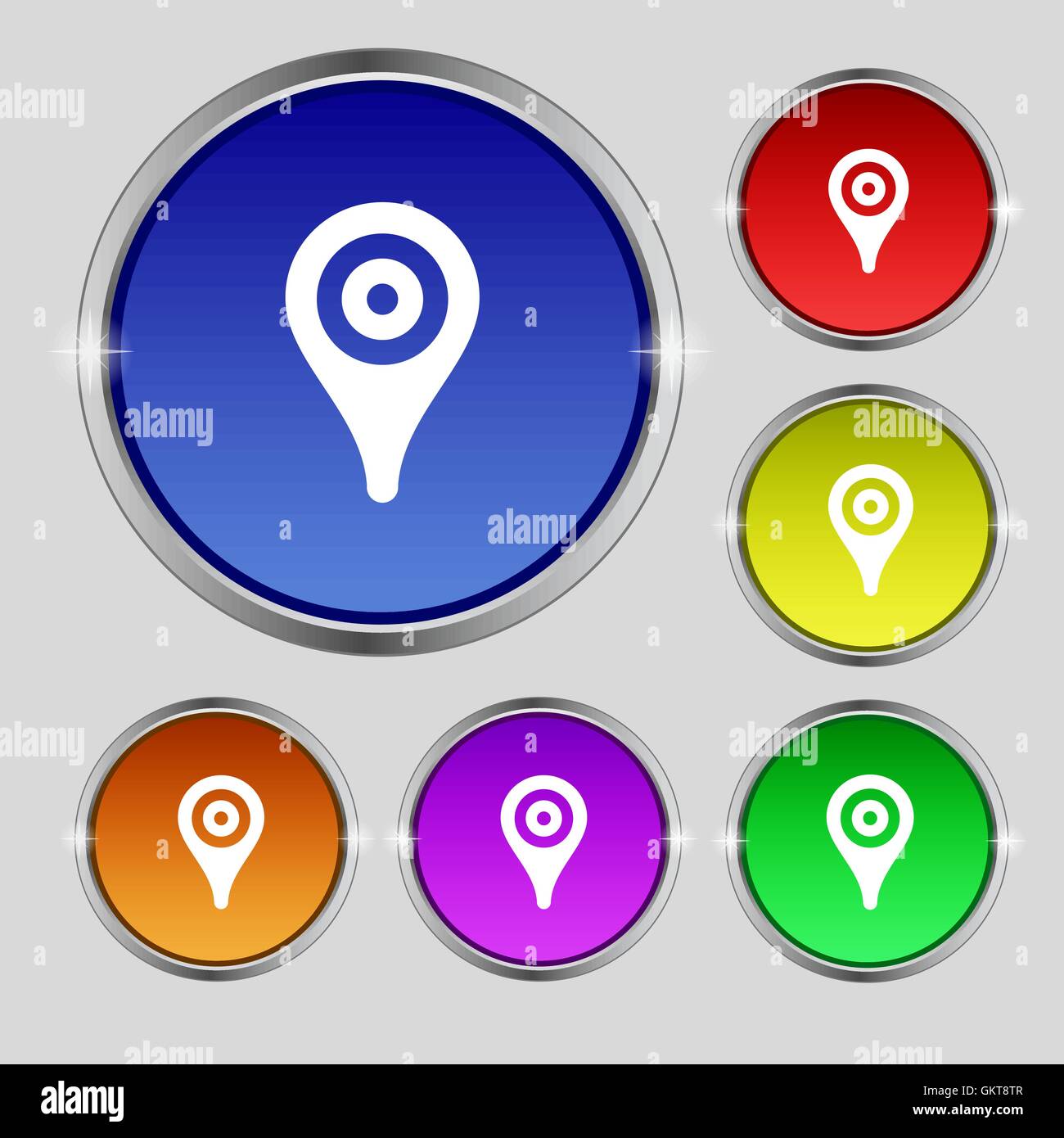 Map pointer, GPS location icon sign. Round symbol on bright colourful ...