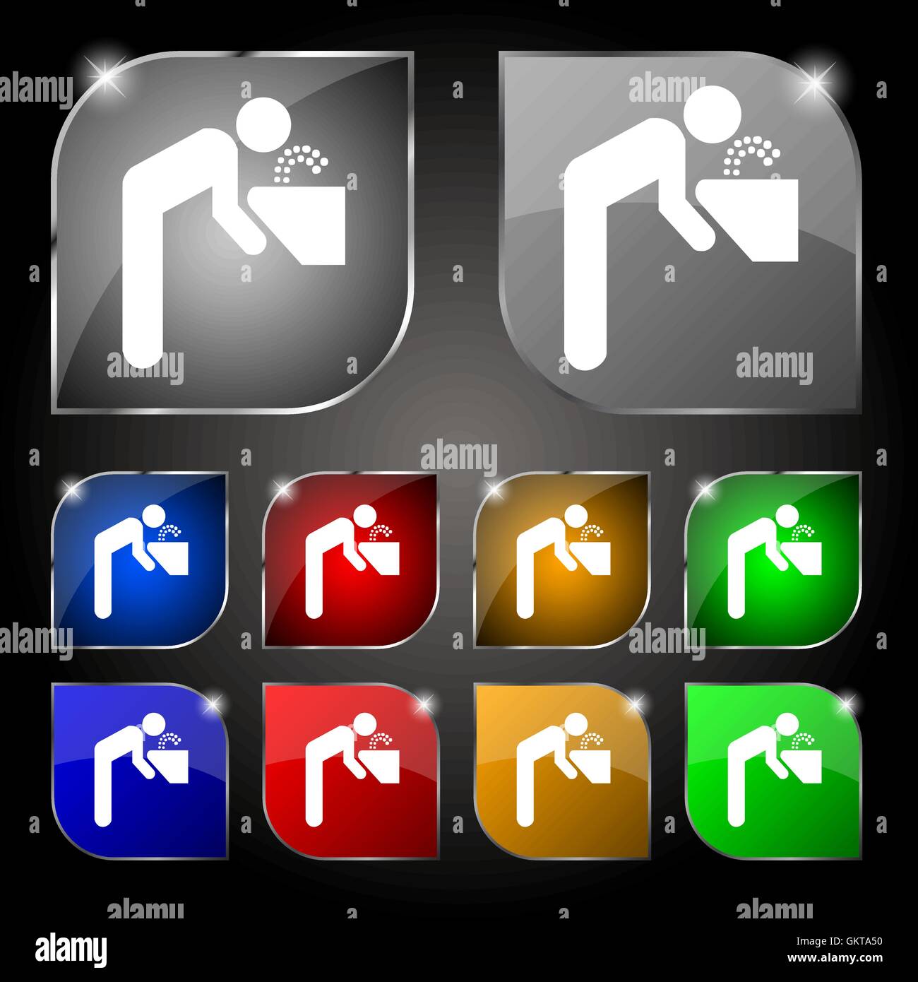 drinking fountain icon sign. Set of ten colorful buttons with glare ...