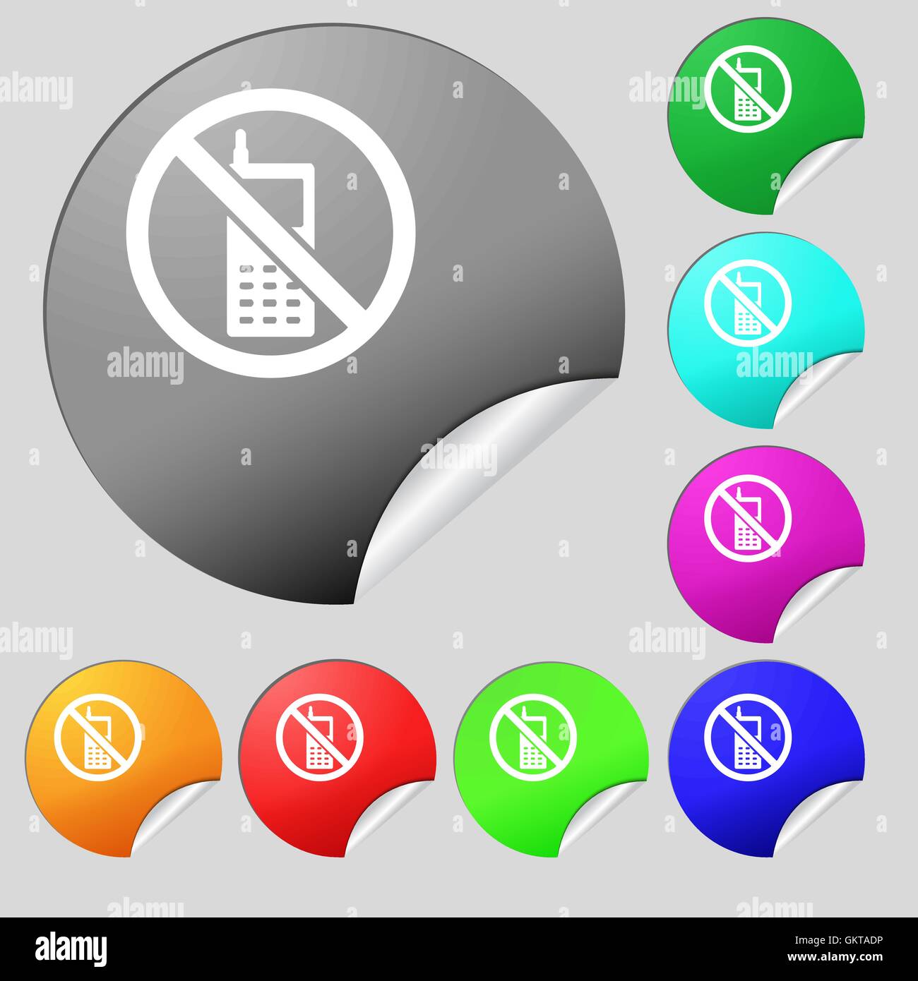 mobile phone is prohibited icon sign. Set of eight multi colored round ...