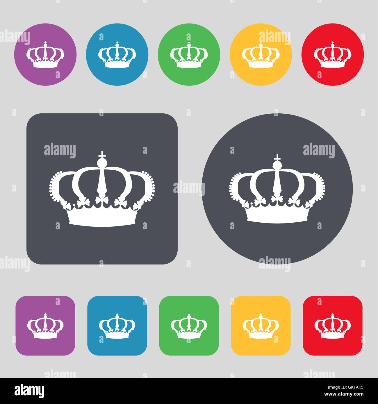 Crown icon sign. A set of 12 colored buttons. Flat design. Vector Stock ...