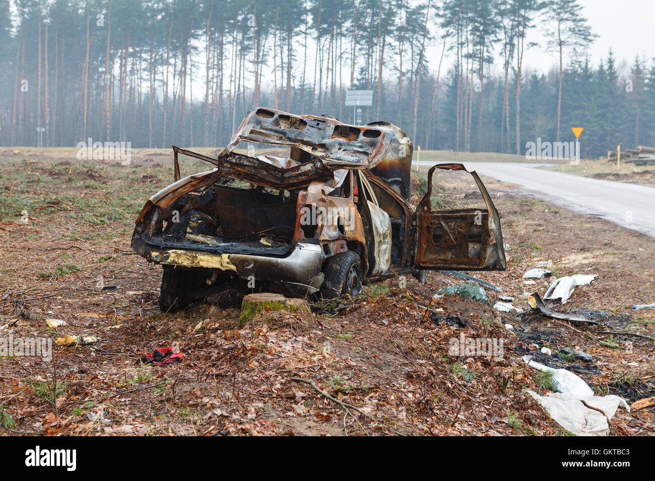 Burned car wreck Stock Photo - Alamy