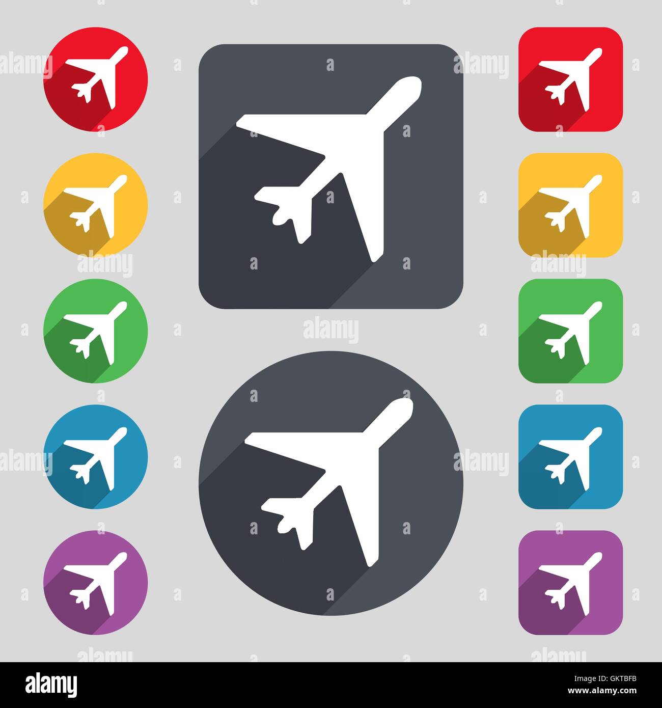 airplane icon sign. A set of 12 colored buttons and a long shadow. Flat ...