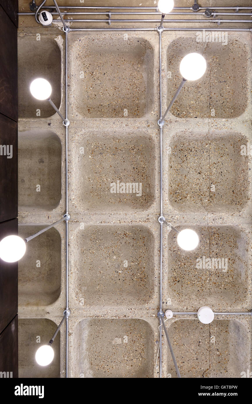 Detail of original coffered concrete ceiling. 201 Borough High Street ...