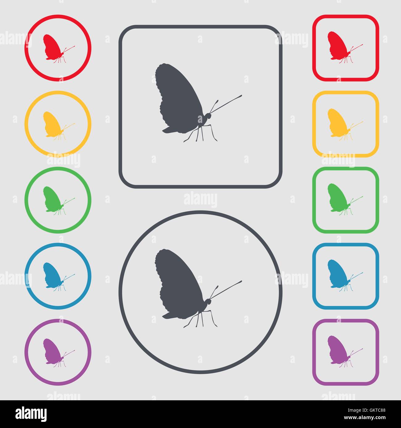 butterfly icon sign. symbol on the Round and square buttons with frame ...
