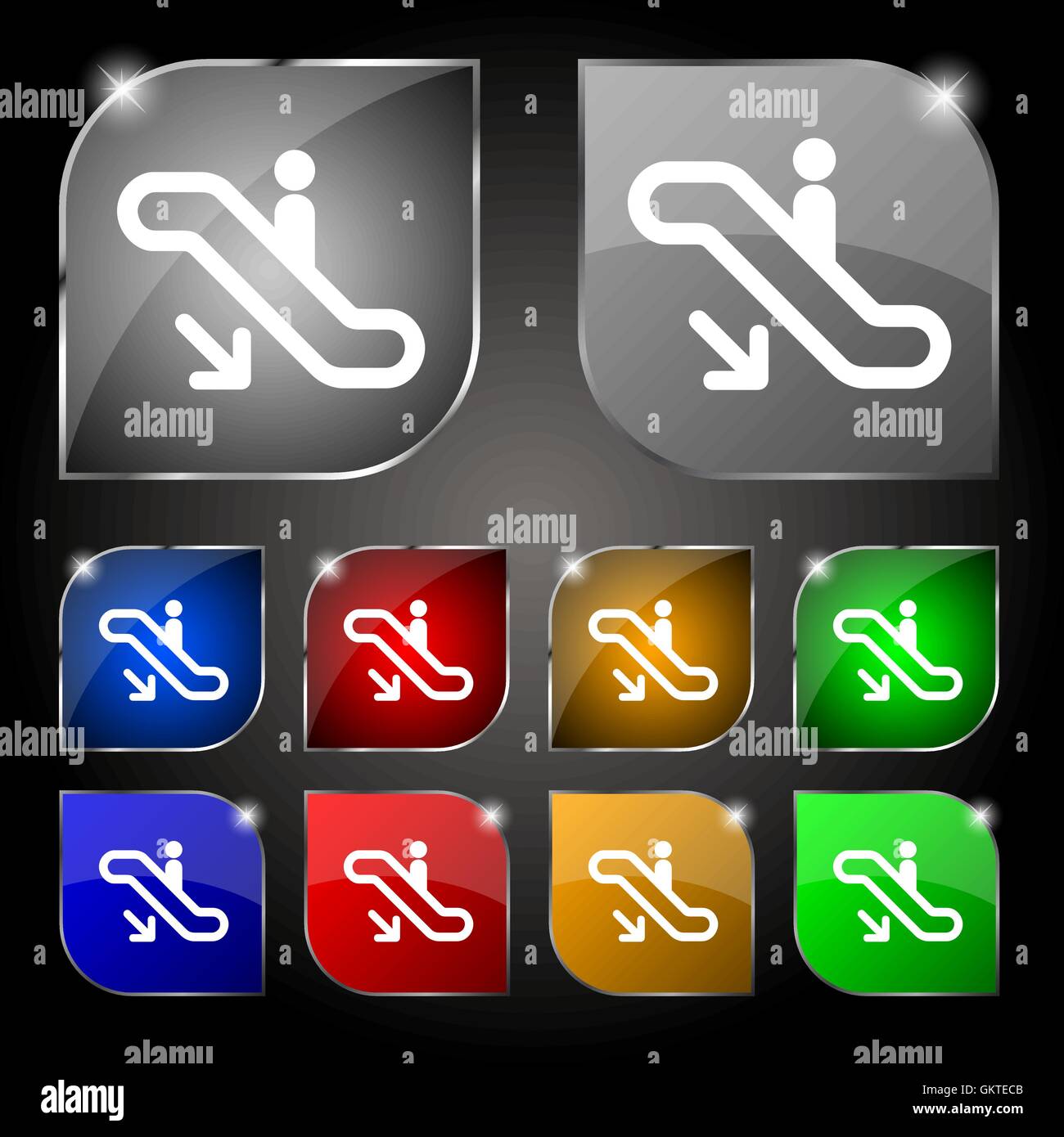 elevator, Escalator, Staircase icon sign. Set of ten colorful buttons ...
