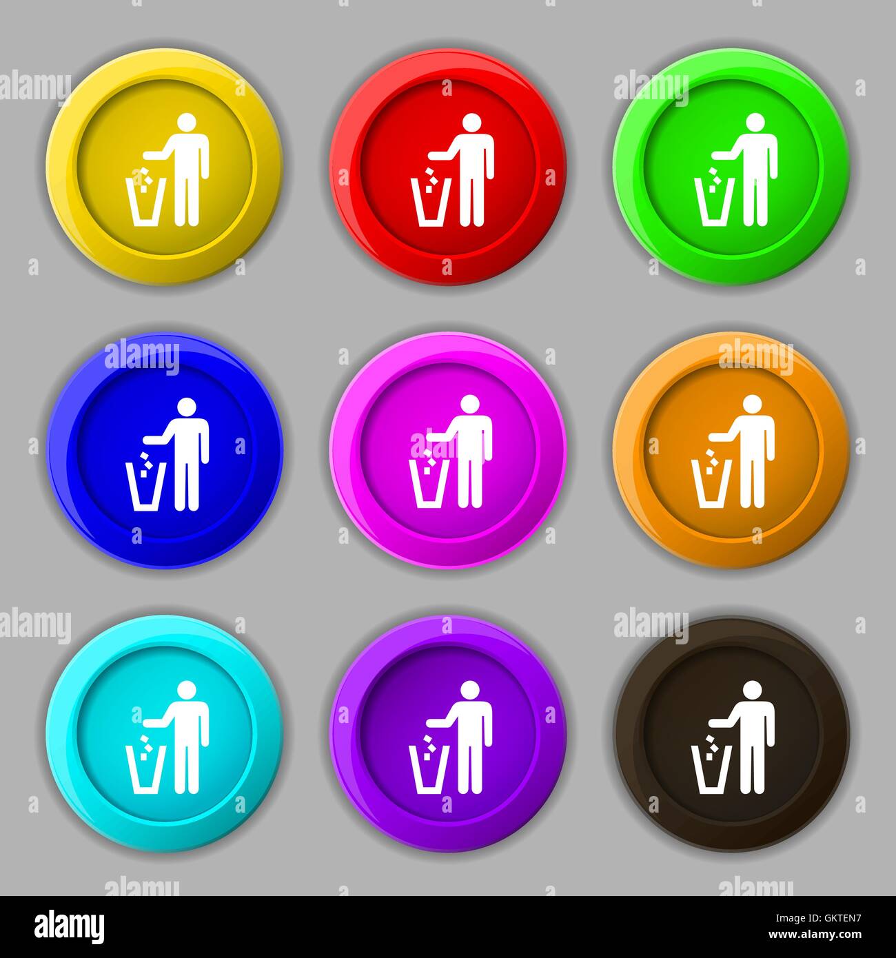 throw away the trash icon sign. symbol on nine round colourful buttons ...