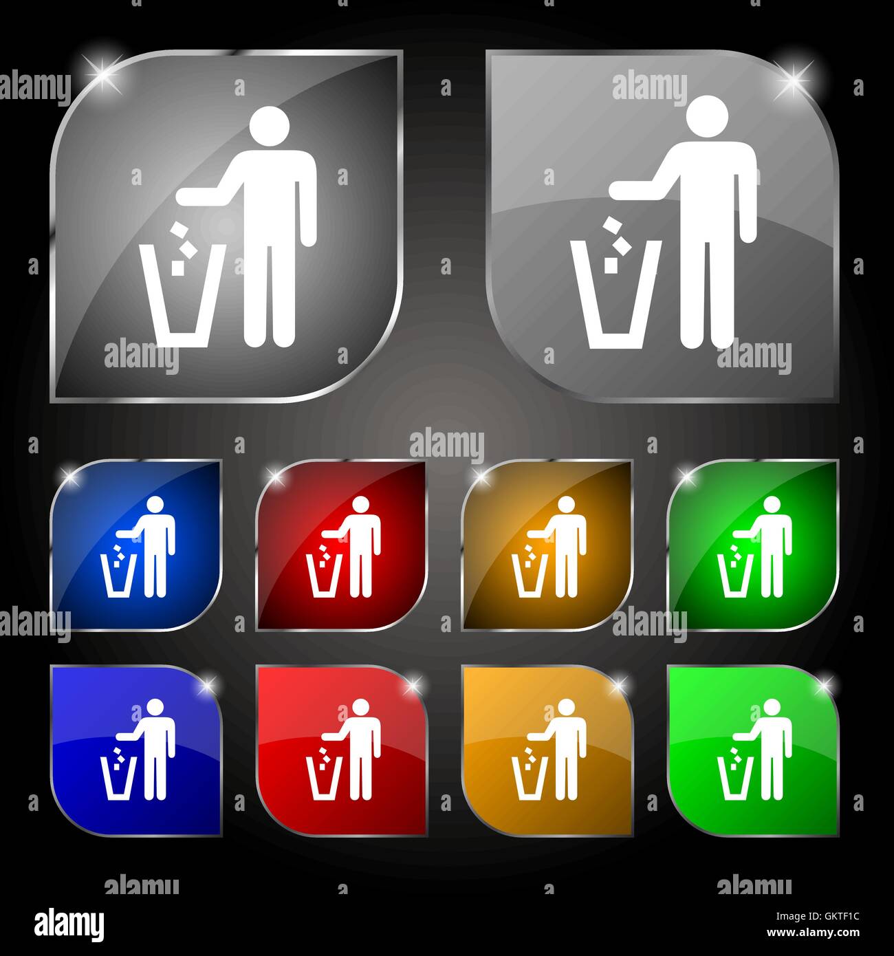 throw away the trash icon sign. Set of ten colorful buttons with glare ...