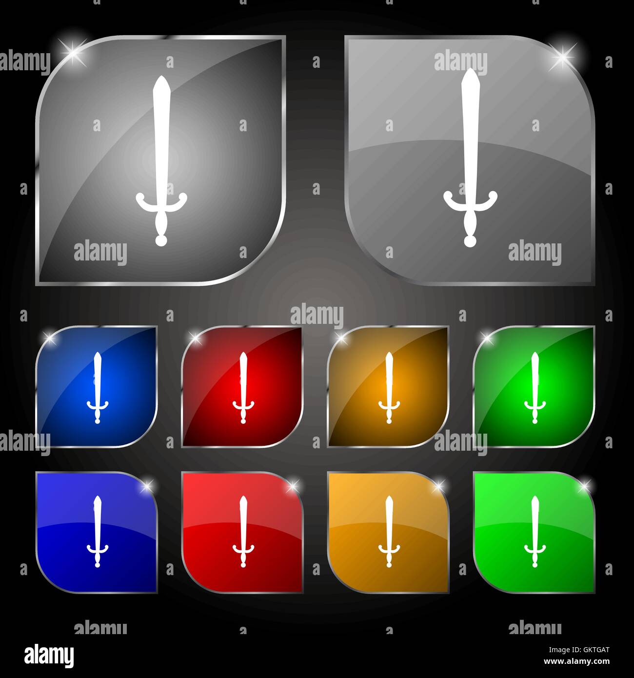 the sword icon sign. Set of ten colorful buttons with glare. Vector ...