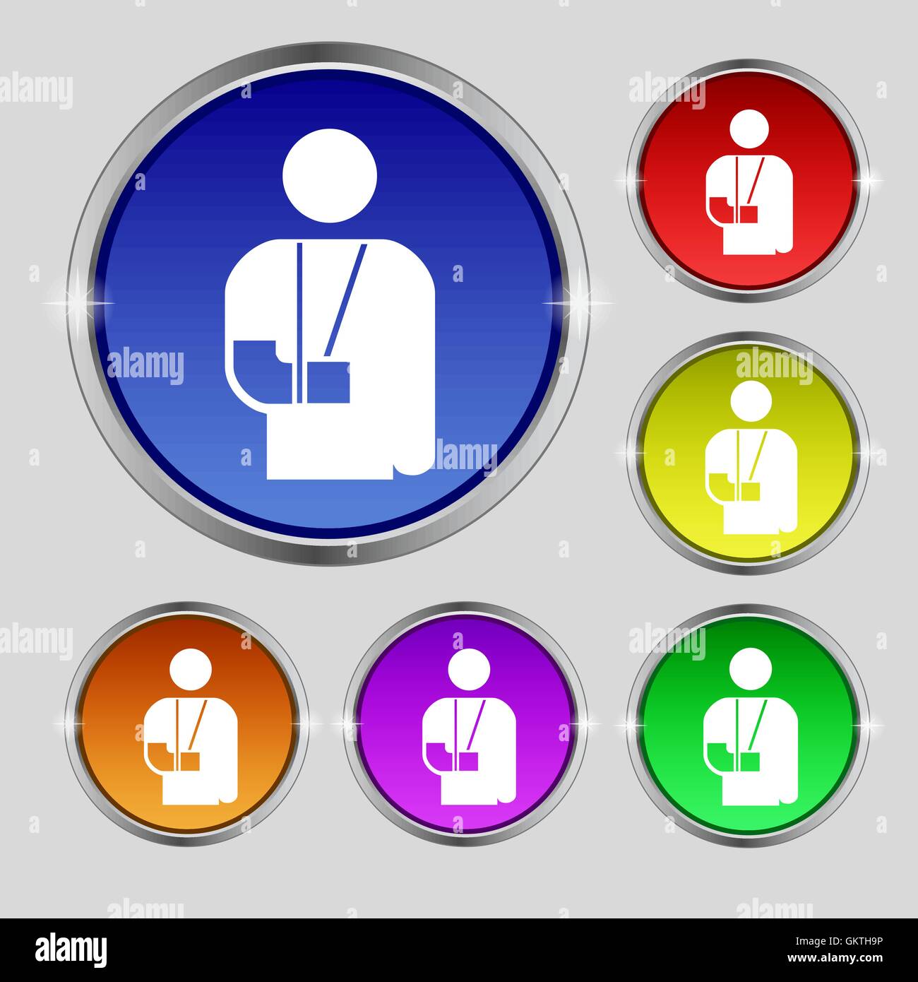 broken arm, disability icon sign. Round symbol on bright colourful ...